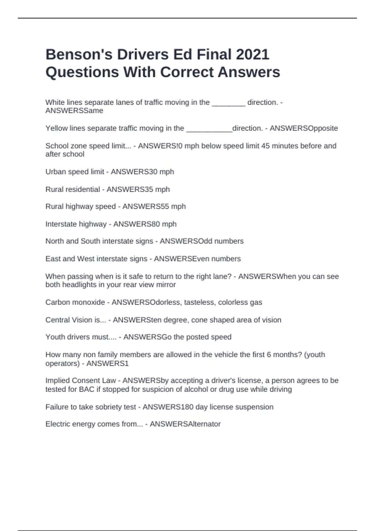 Benson's Drivers Ed Final 2021 Questions With Correct Answers - Benson ...