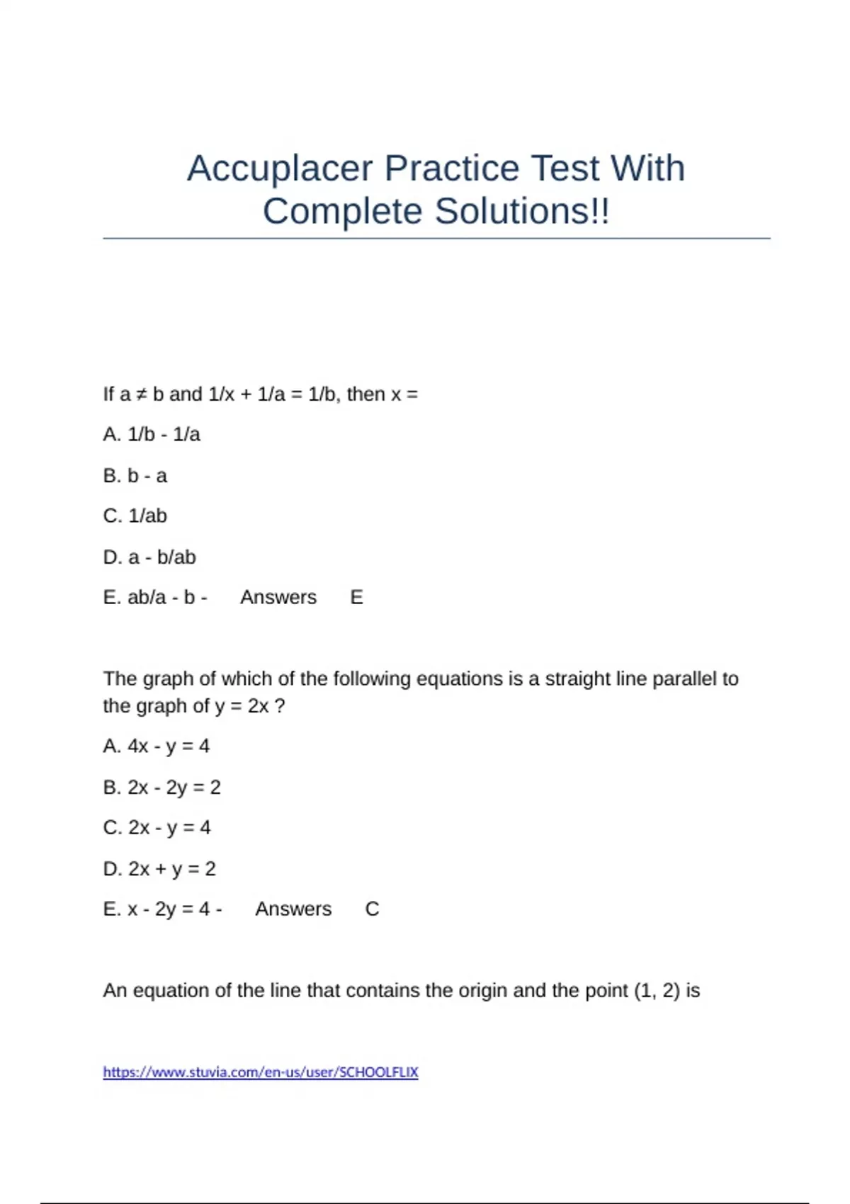 Accuplacer Practice Test With Complete Solutions!! - ACCUPLACER - Stuvia US