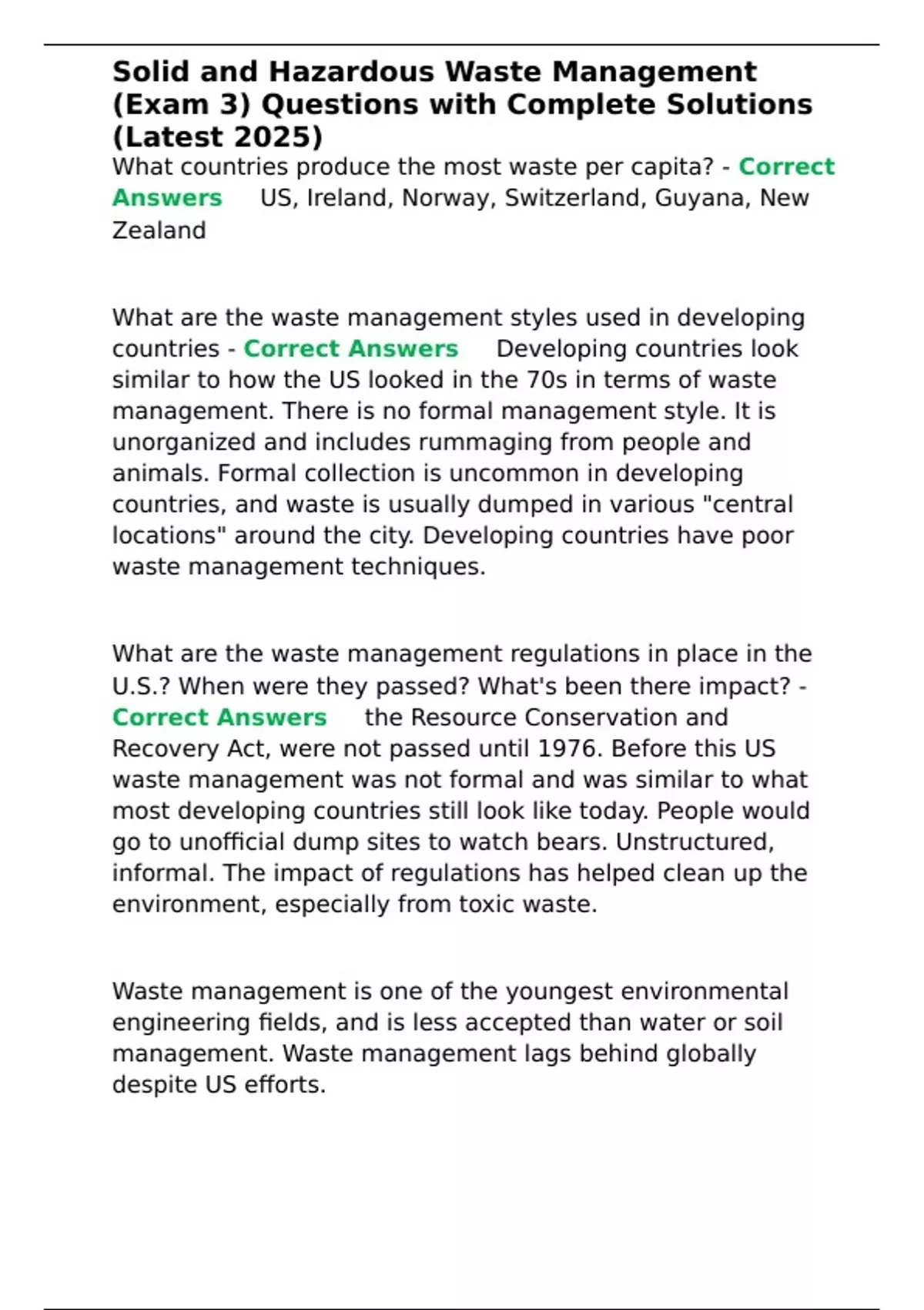Solid and Hazardous Waste Management (Exam 3) Questions with Complete ...