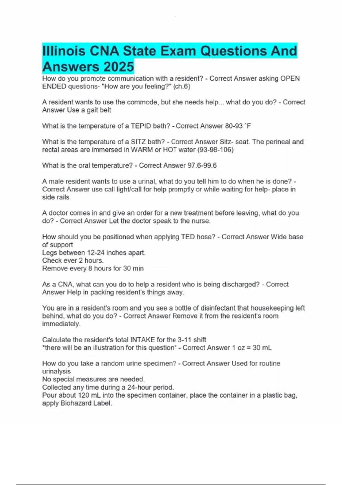 Illinois CNA State Exam Questions And Answers 2025 - CNA - Certified ...