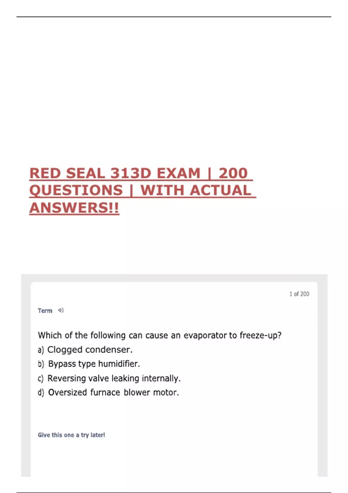 RED SEAL 313D EXAM | 200 QUESTIONS | WITH ACTUAL ANSWERS!! - RED SEAL ...