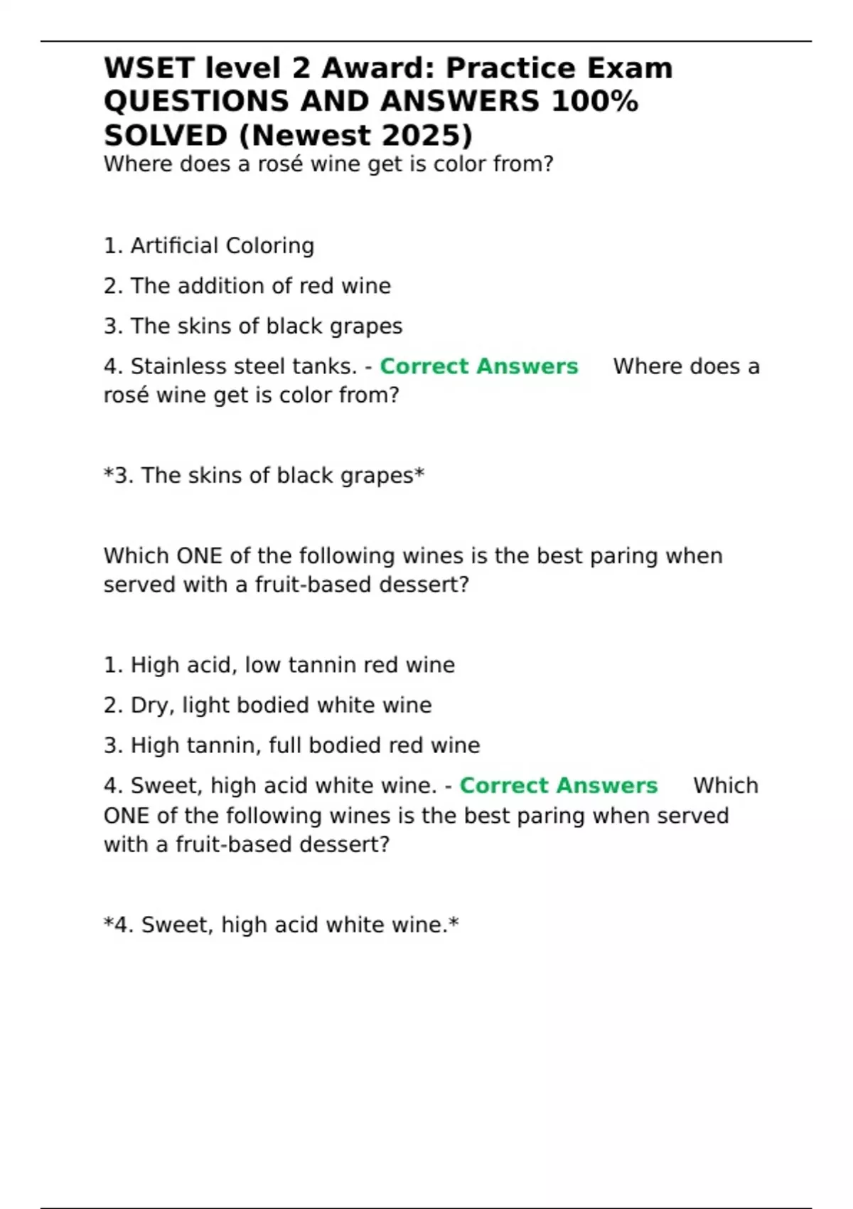 Summary WSET level 2 Award Practice Exam QUESTIONS AND ANSWERS 100 ...