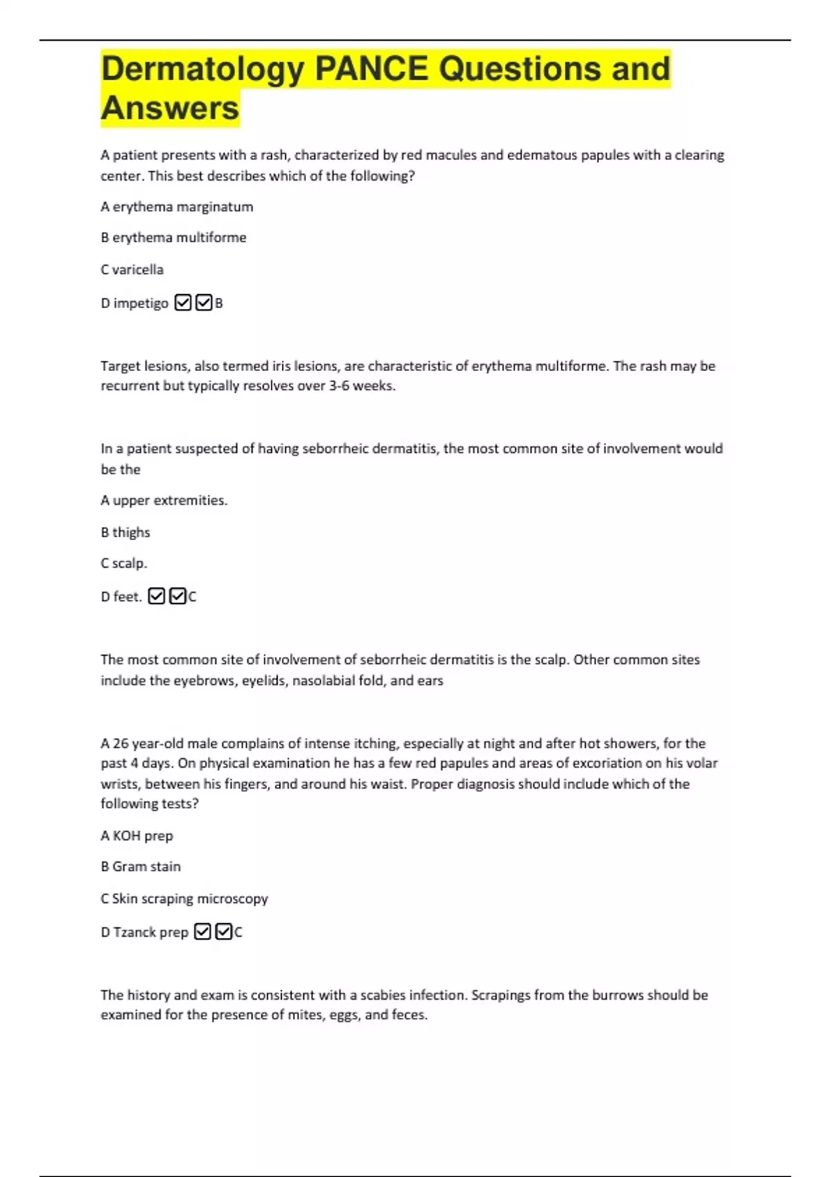 Dermatology PANCE Questions and Answers - PANCE - Stuvia US