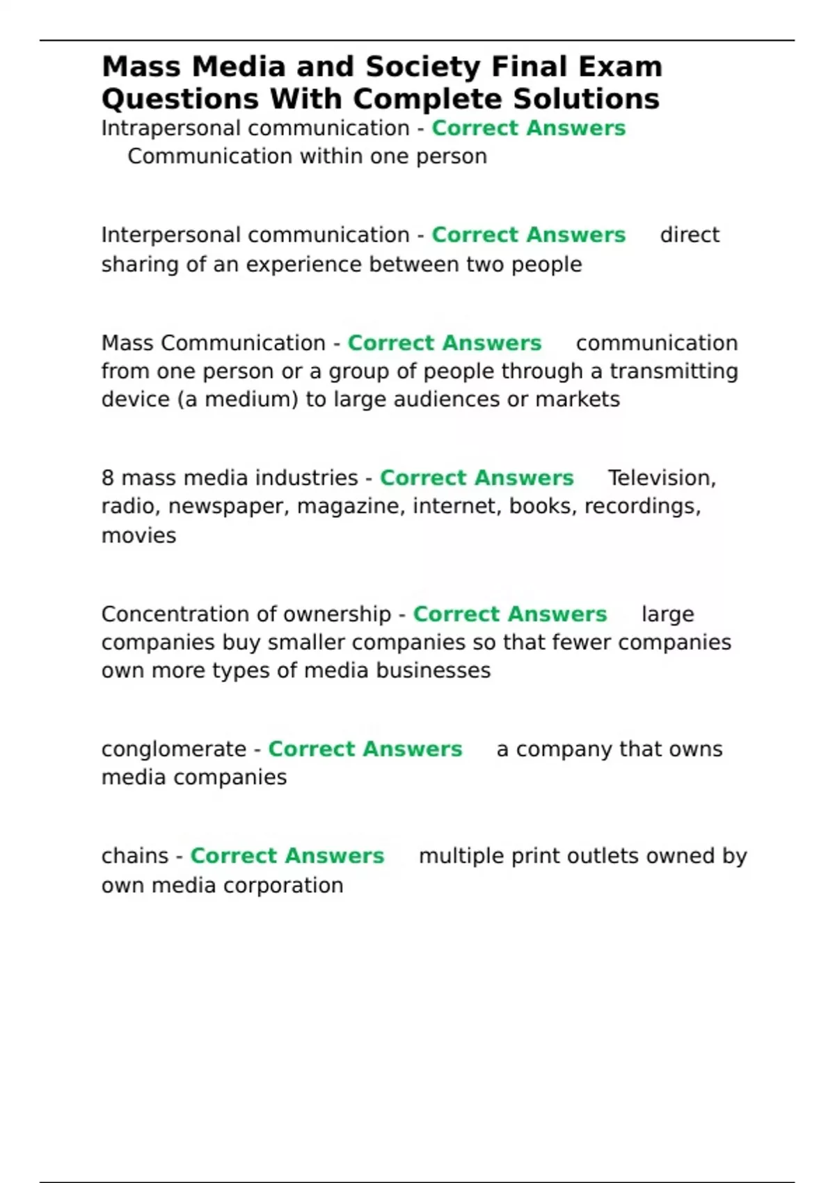 Mass Media and Society Final Exam Questions With Complete Solutions ...