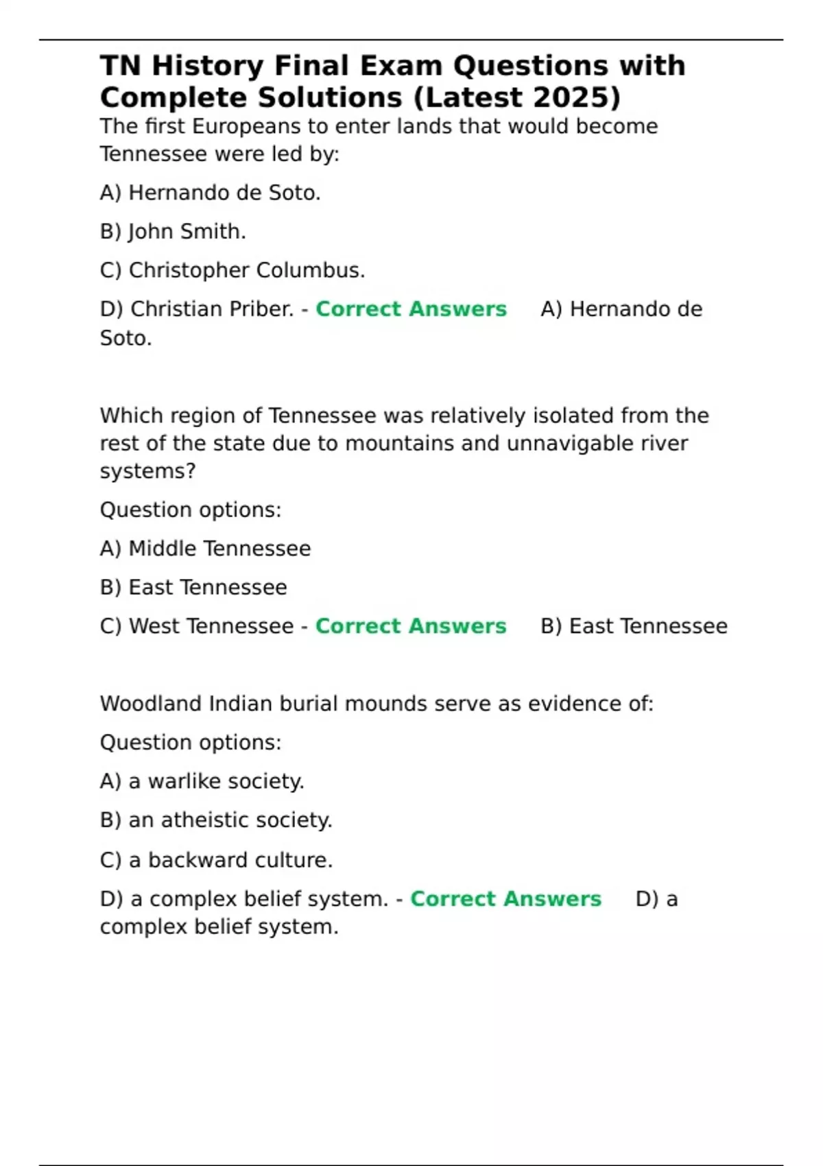 TN History Final Exam Questions with Complete Solution (Latest 2025 ...