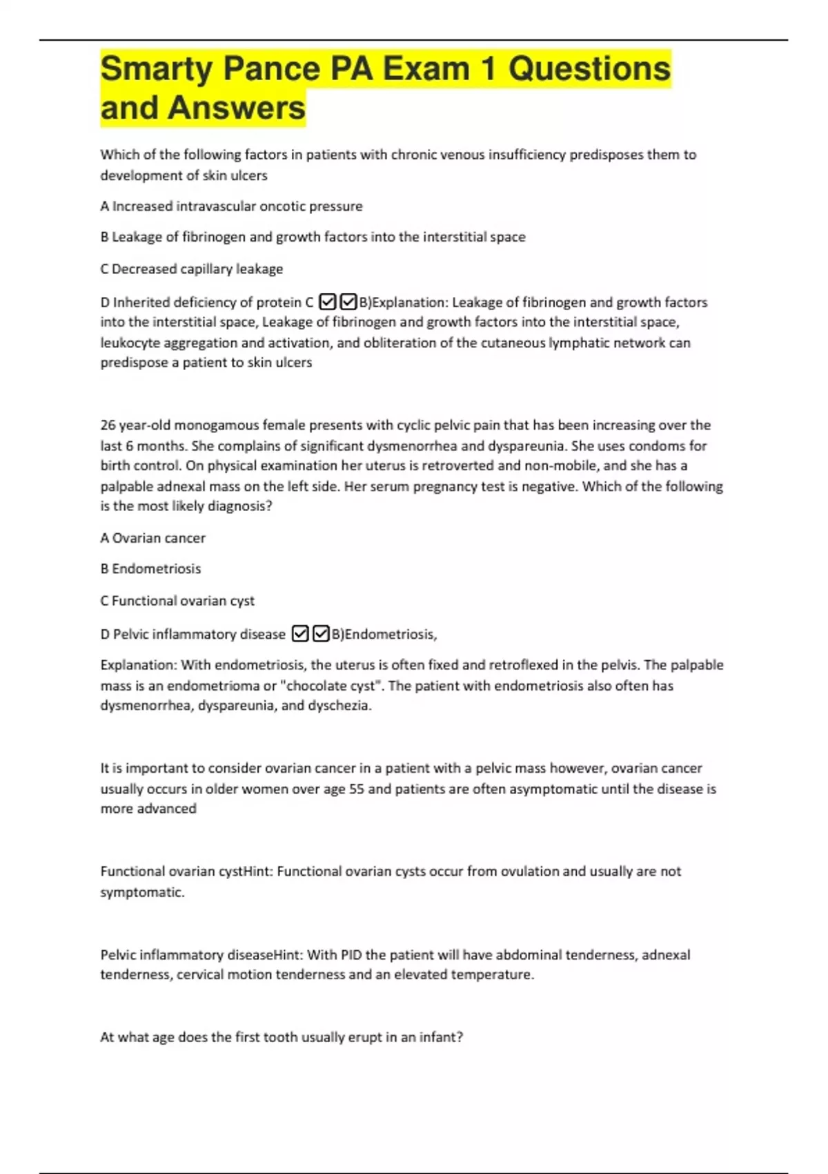 Smarty Pance PA Exam 1 Questions and Answers - PANCE - Stuvia US