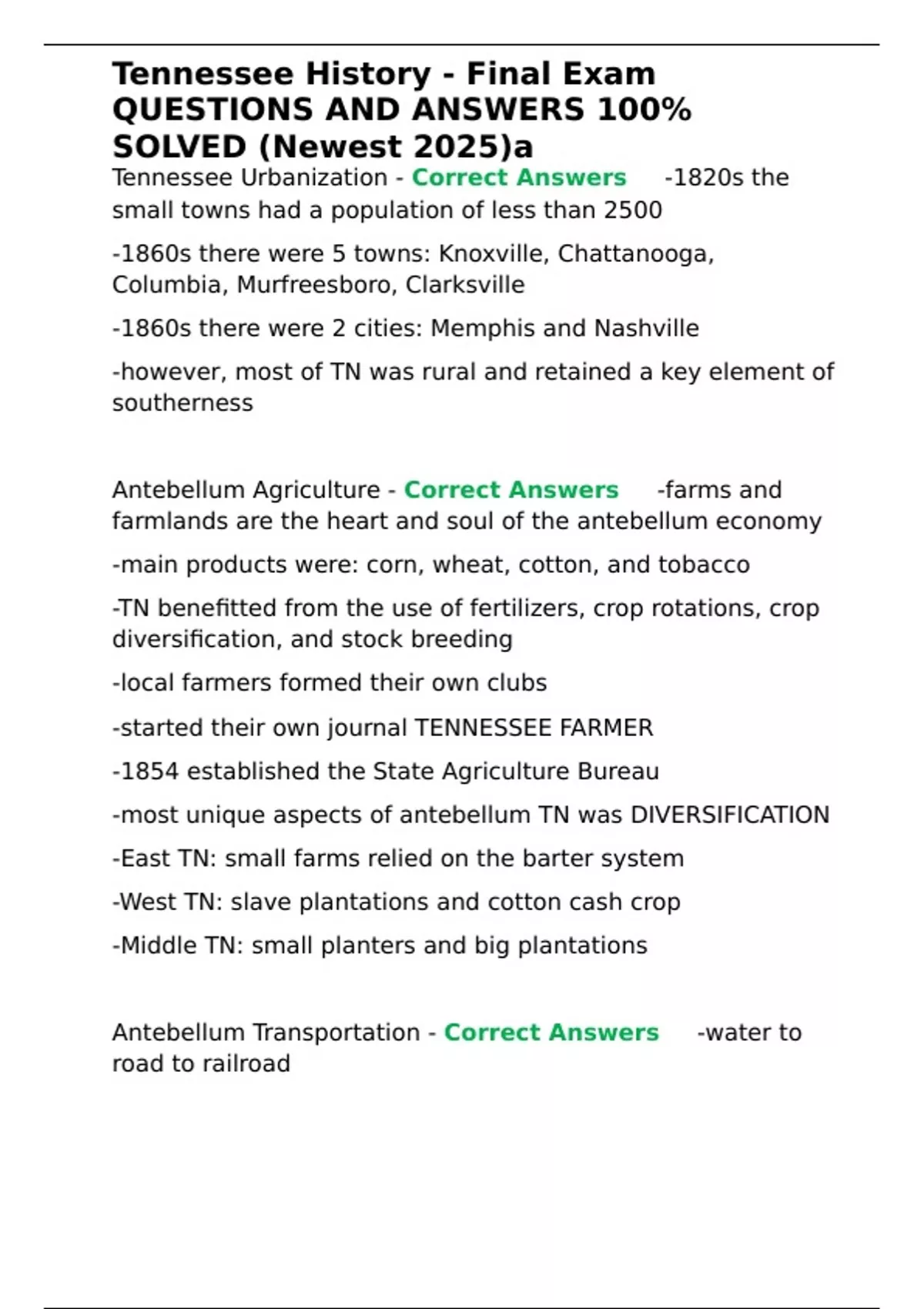Tennessee History - Final Exam QUESTIONS AND ANSWERS 100- SOLVED ...