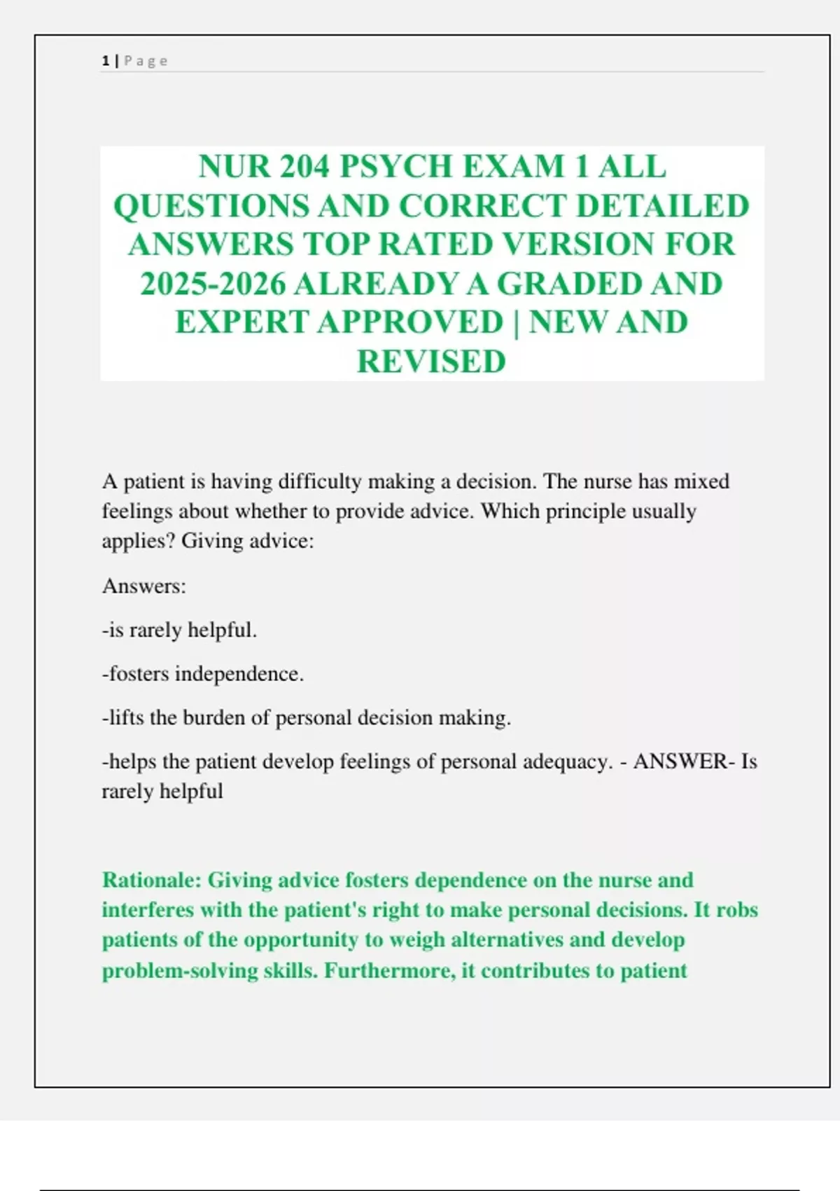 NUR 204 PSYCH EXAM 1 ALL QUESTIONS AND CORRECT DETAILED ANSWERS TOP ...