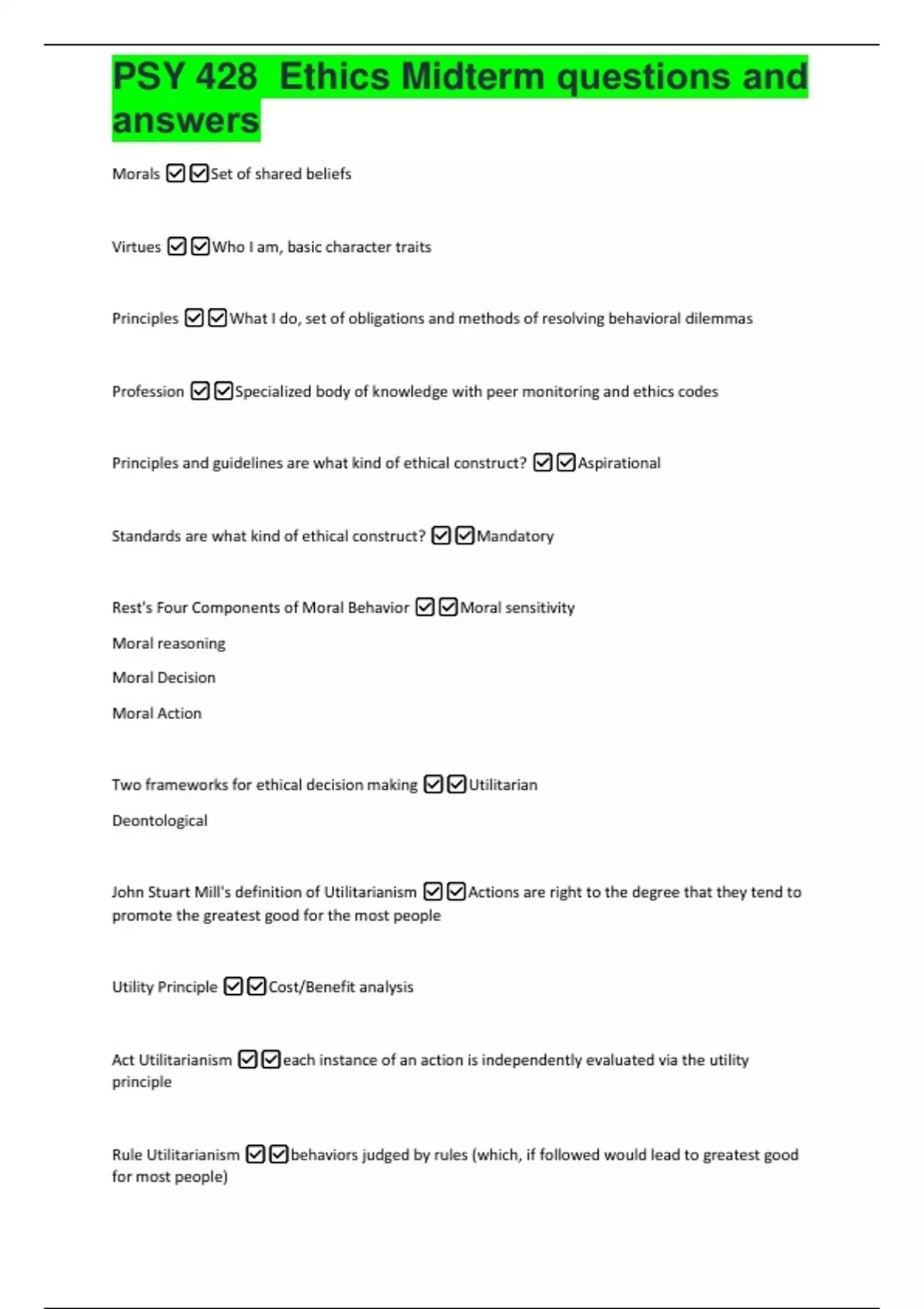 PSY 428 Ethics Midterm questions and answers - Psych - Stuvia US