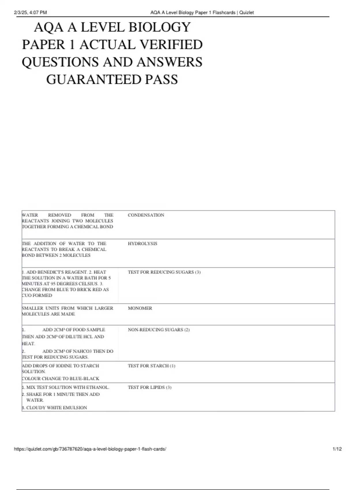 AQA A LEVEL BIOLOGY PAPER 1 ACTUAL VERIFIED QUESTIONS AND ANSWERS ...