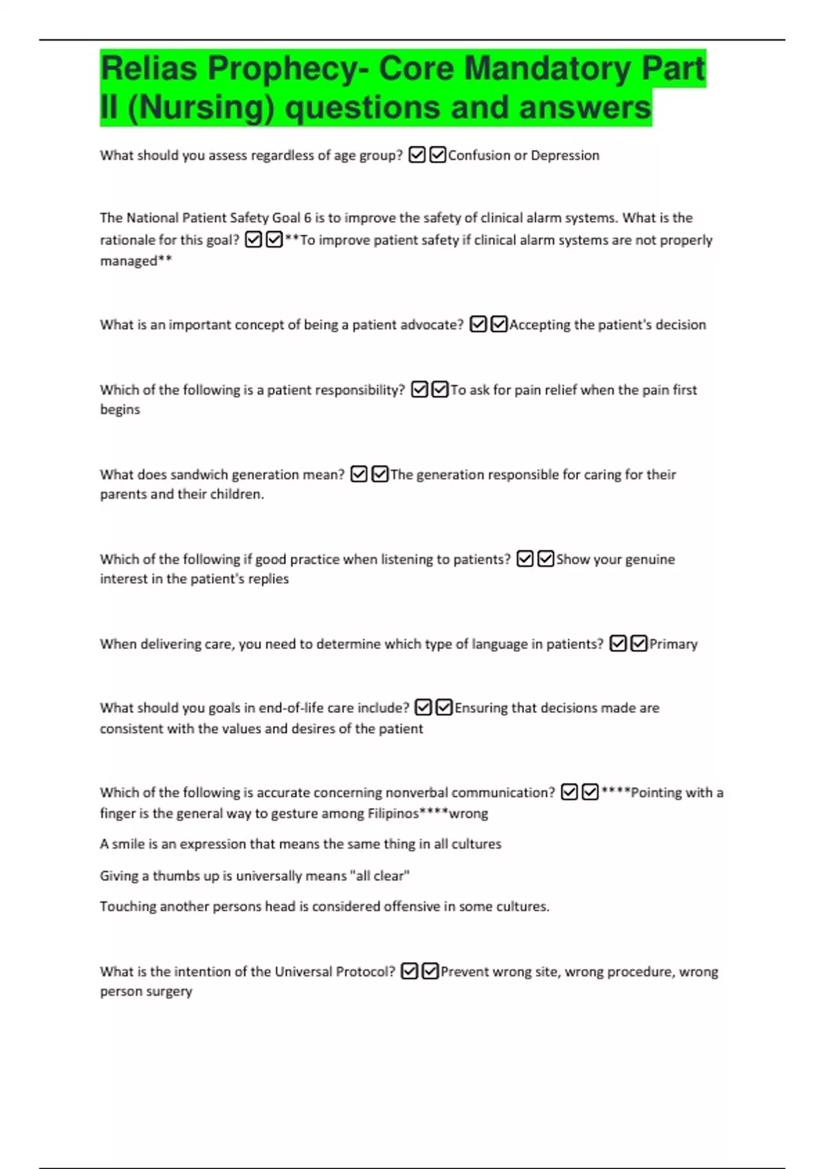 Relias Prophecy- Core Mandatory Part II (Nursing) questions and answers ...
