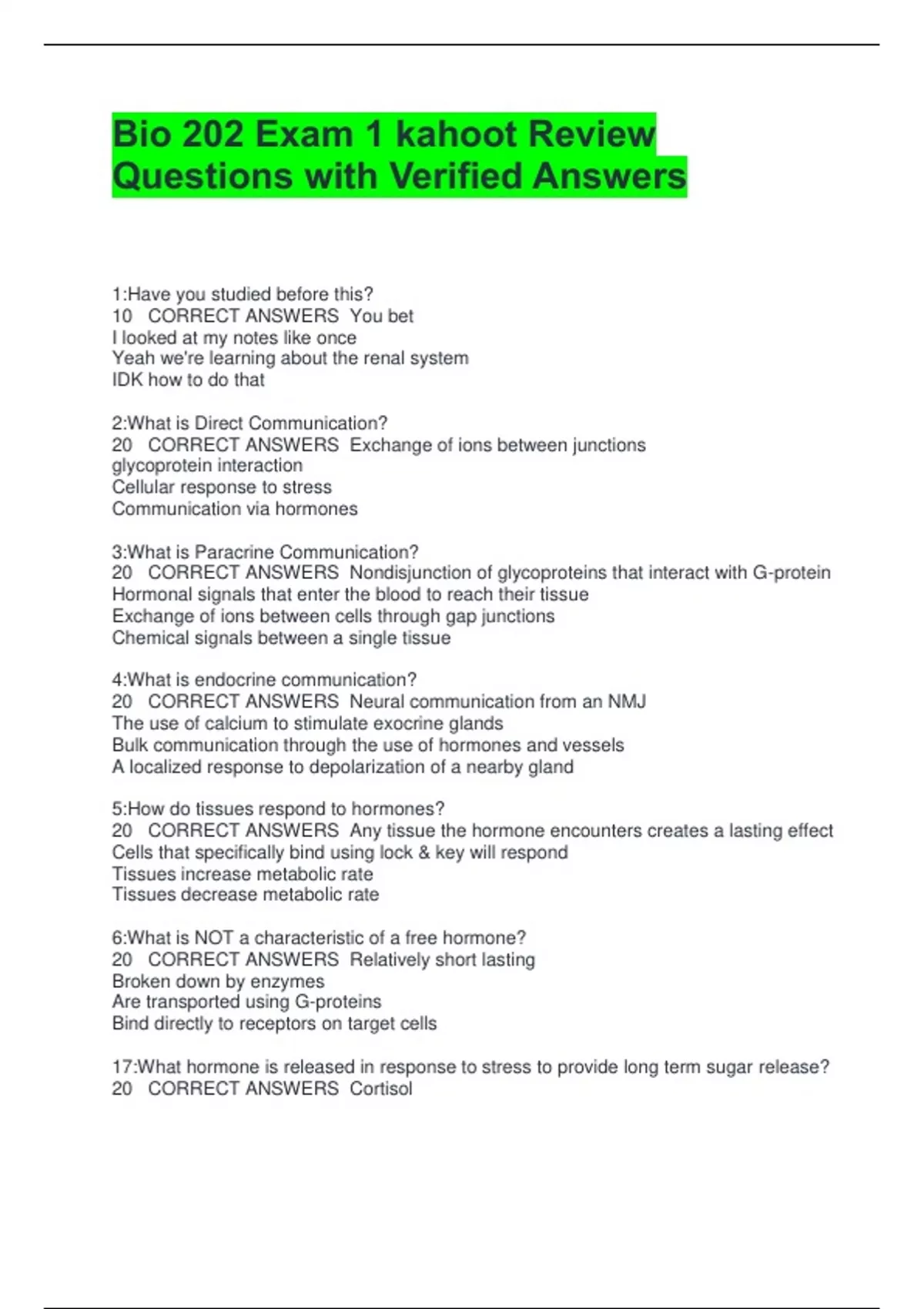 Bio 202 Exam 1 kahoot Review Questions with Verified Answers - BIO 202 ...