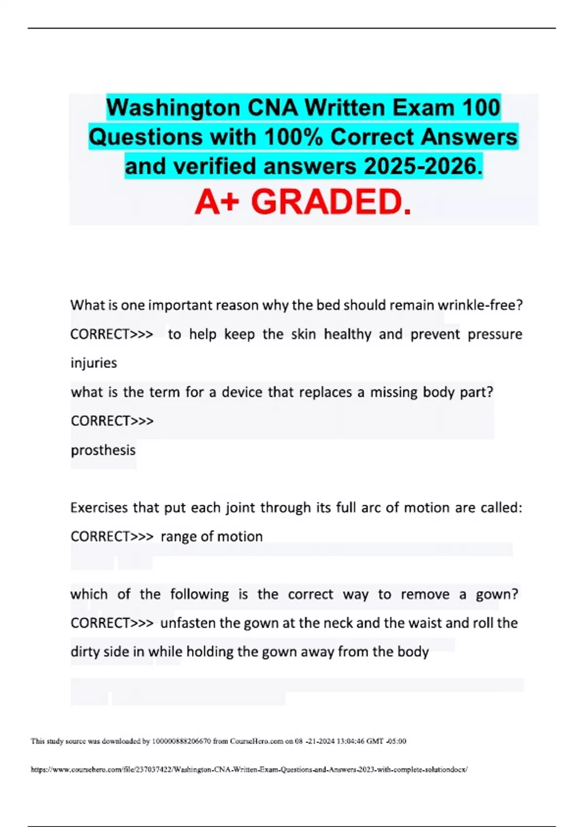 Washington CNA Written Exam 100 Questions with 100% Correct Answers and ...