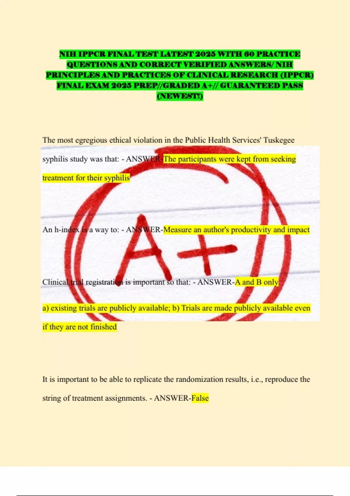 NIH IPPCR FINAL TEST LATEST 2025 WITH 60 PRACTICE QUESTIONS AND CORRECT ...