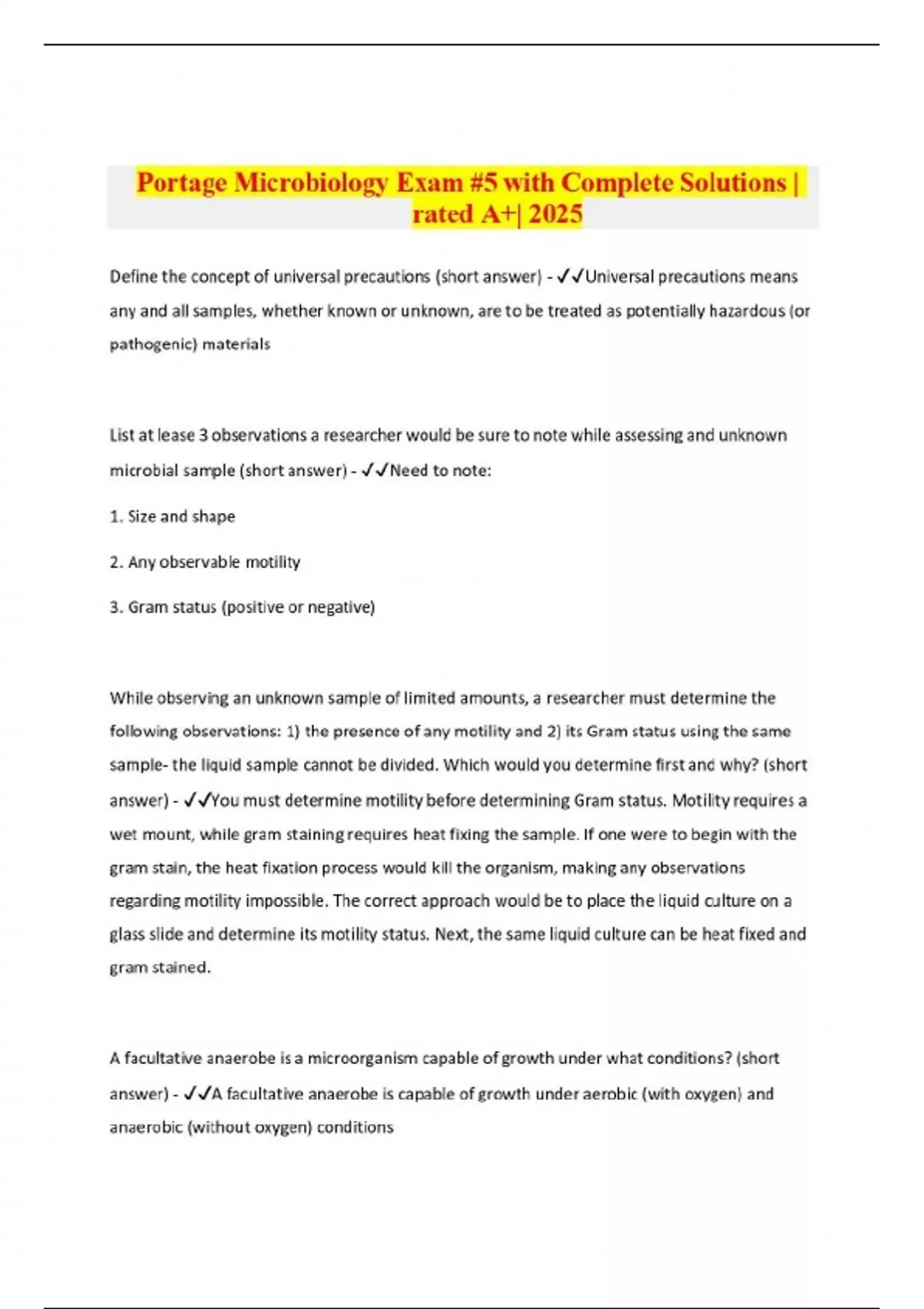 Portage Microbiology Exam #5 with Complete Solutions | rated A+| 2025 ...