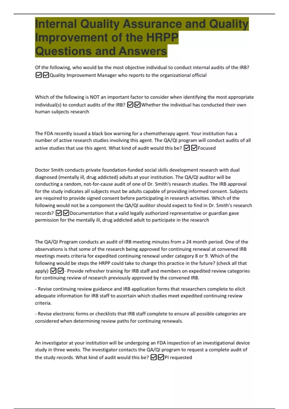 Internal Quality Assurance and Quality Improvement of the HRPP ...