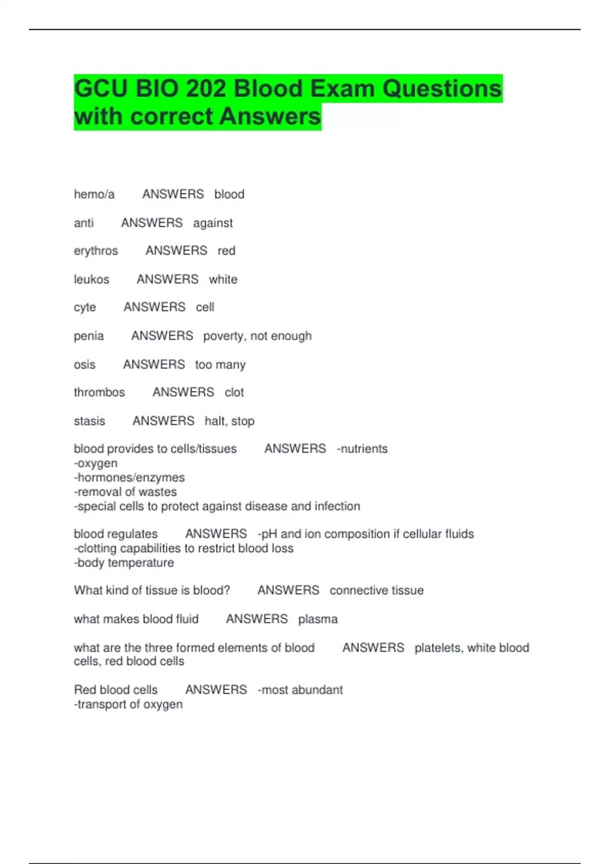 GCU BIO 202 Blood Exam Questions with correct Answers - BIO-202 GCU ...