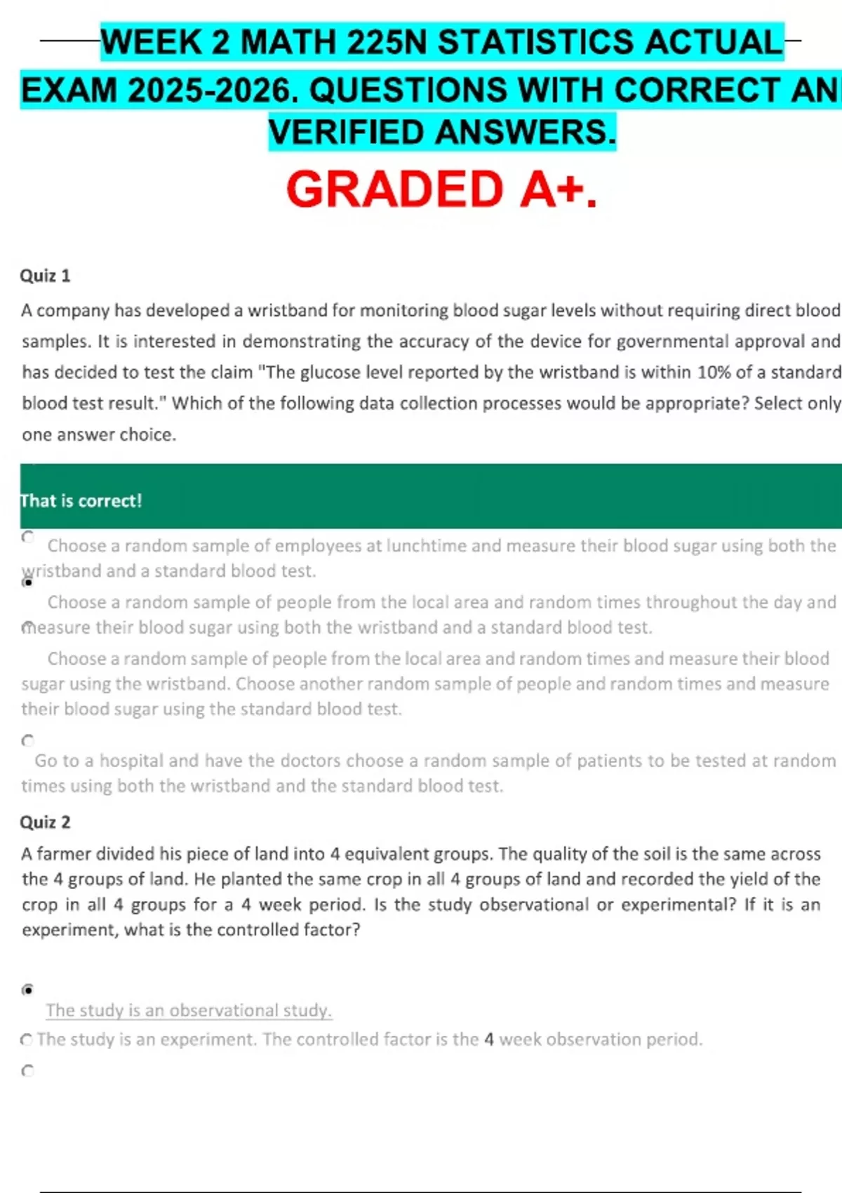 WEEK 2 MATH 225N STATISTICS ACTUAL EXAM . QUESTIONS WITH CORRECT AND VERIFIED ANSWERS. GRADED A+ ...