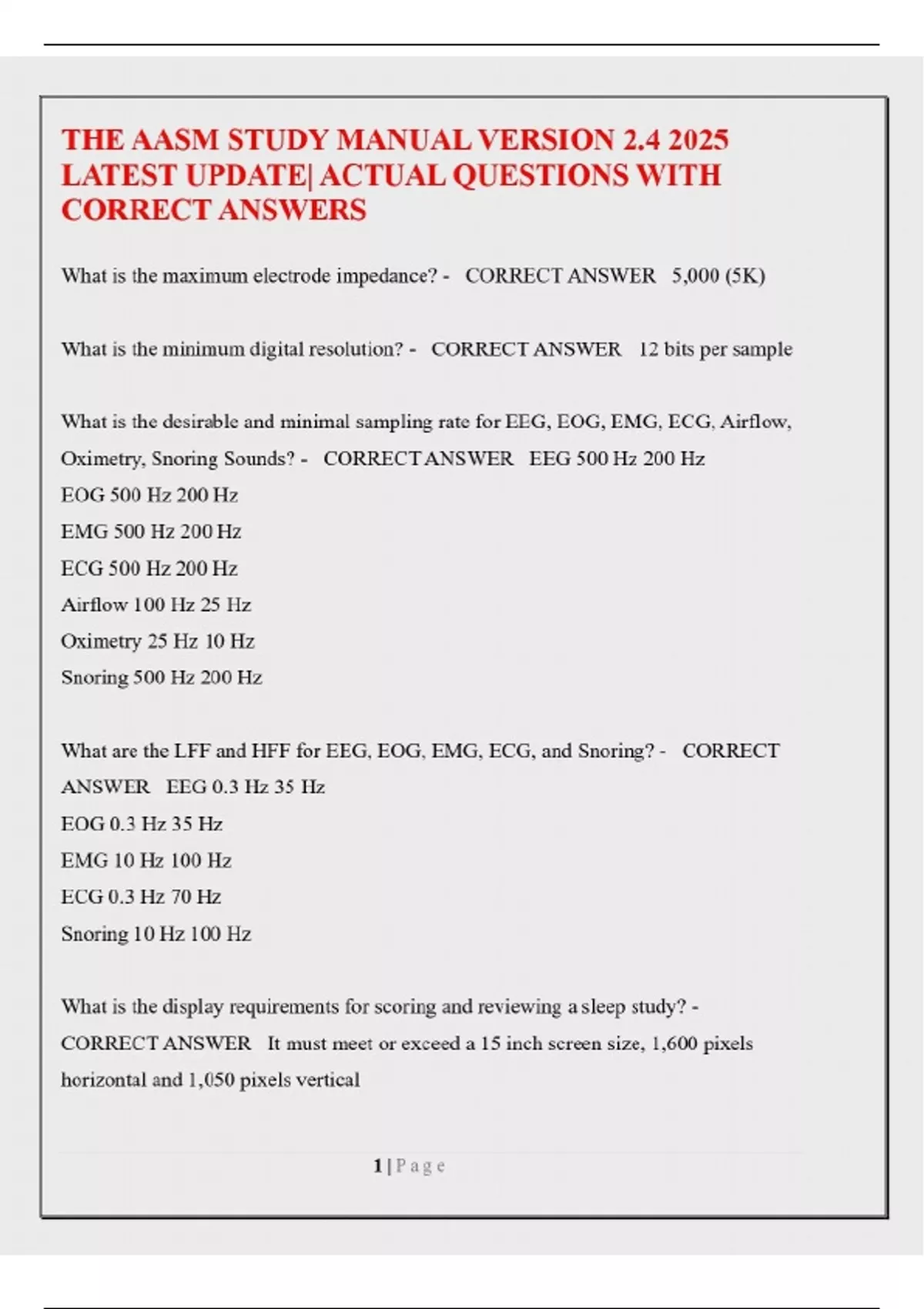 THE AASM STUDY MANUAL VERSION 2.4 2025 LATEST UPDATE| ACTUAL QUESTIONS ...