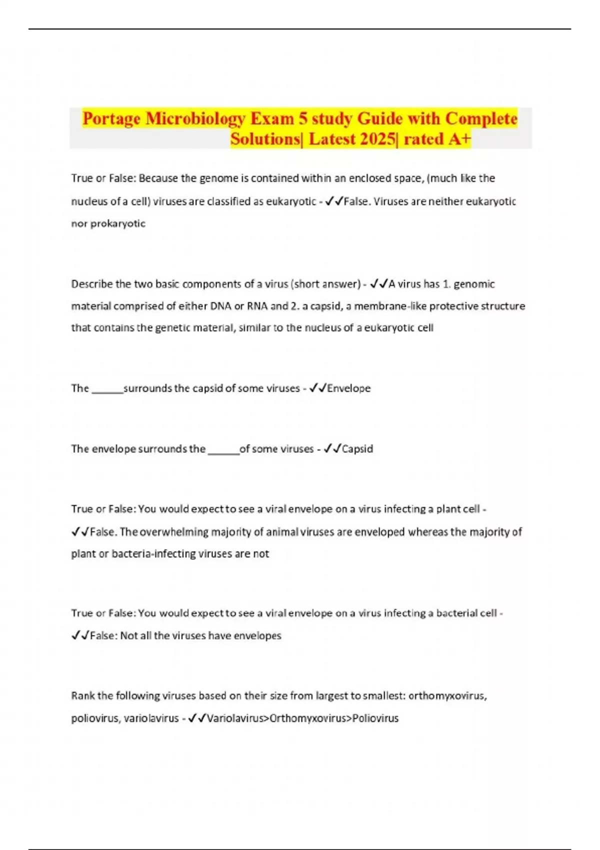 Portage Microbiology Exam 5 study Guide with Complete Solutions| Latest ...