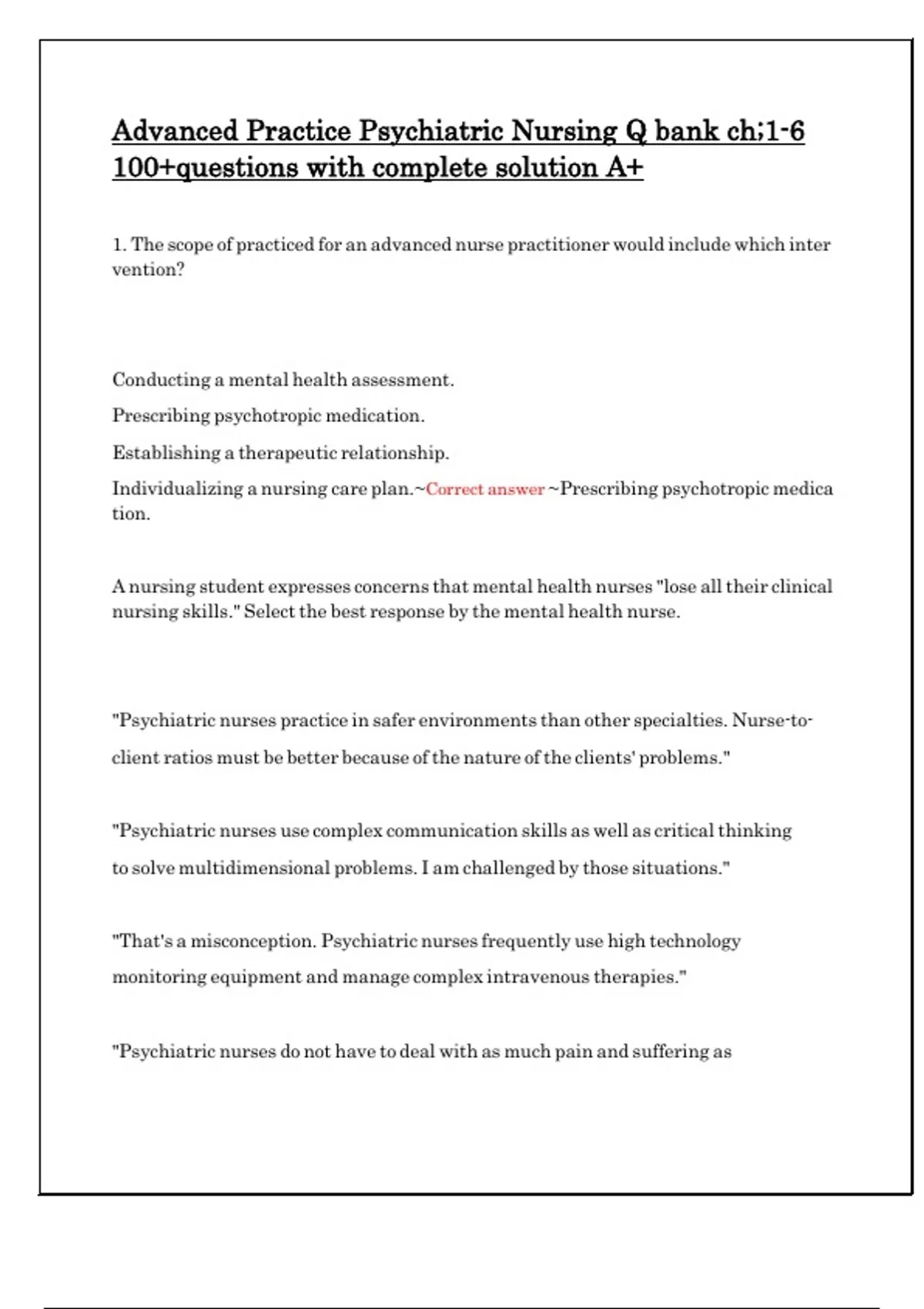 Advanced Practice Psychiatric Nursing Q bank ch;1-6 100+questions with ...