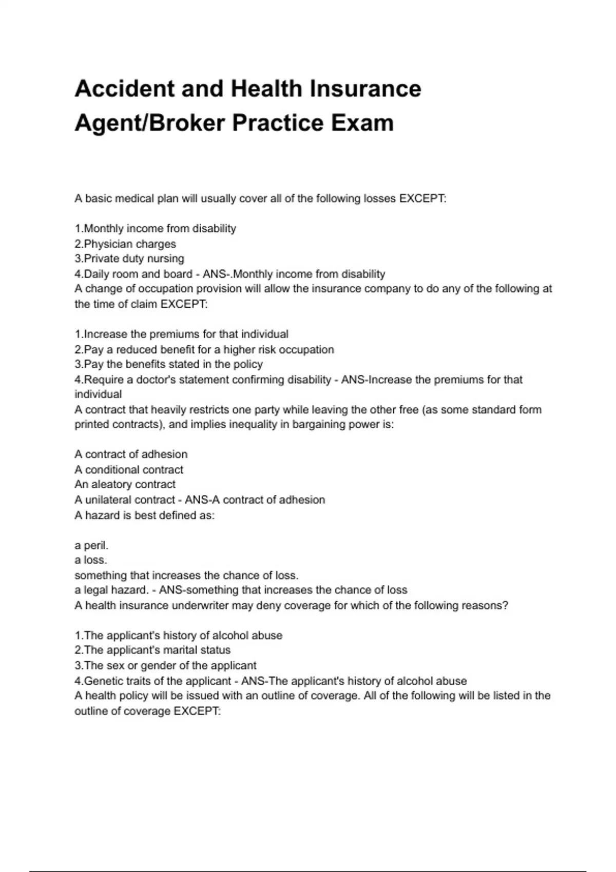 Accident and Health Insurance Agent/Broker Practice Exam NEWEST 2025/ ...