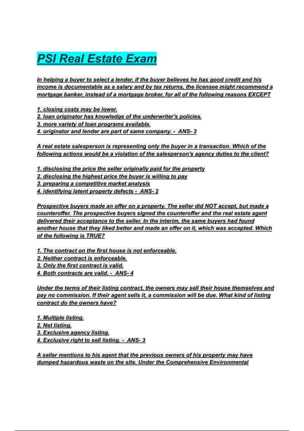 PSI Real Estate Exam Questions and Answers 2025/2026( A+ GRADED 100% ...