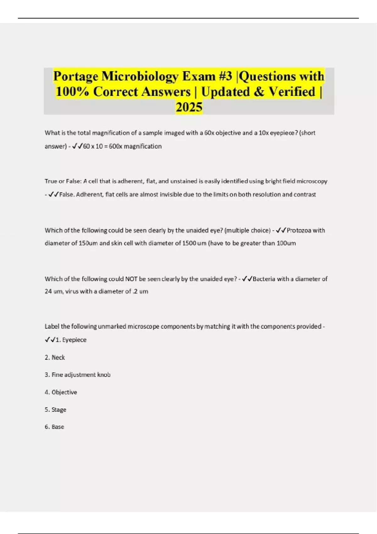 Portage Microbiology Exam #3 |Questions with 100% Correct Answers ...