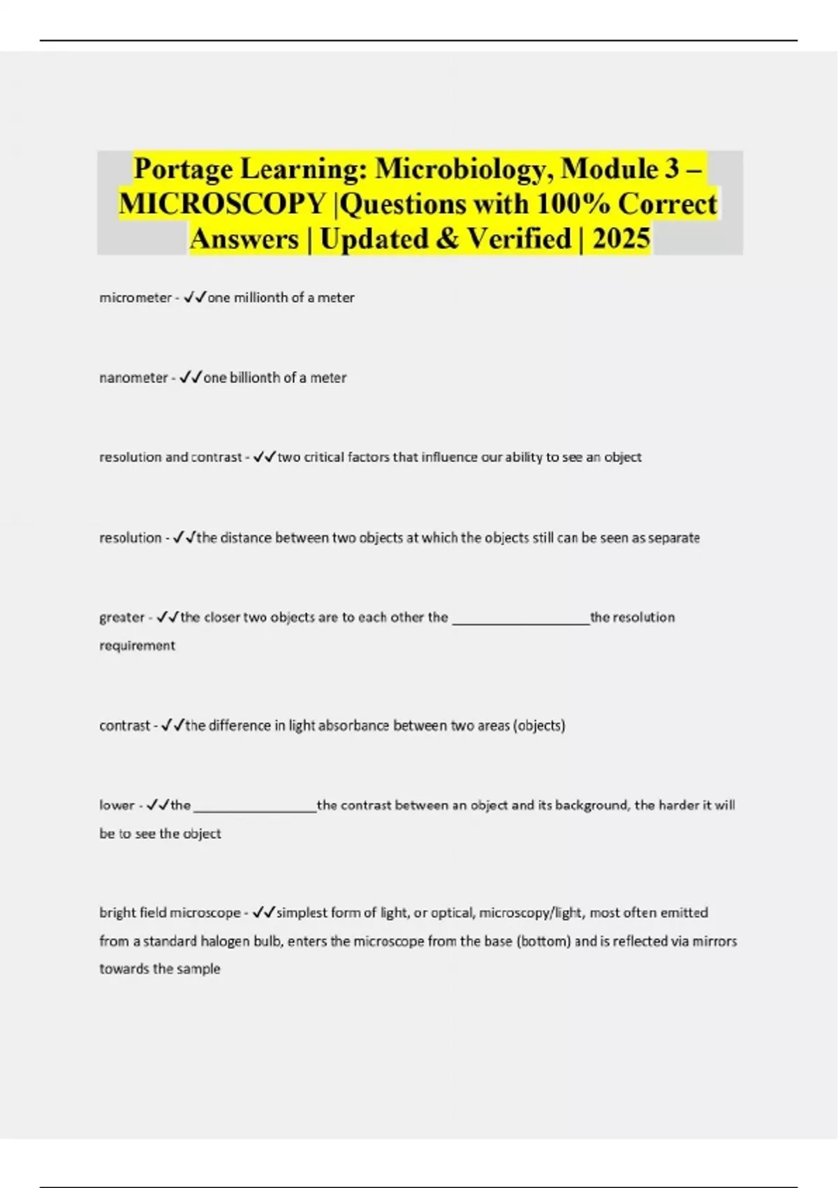 Portage Learning: Microbiology, Module 3 MICROSCOPY |Questions with 100 ...