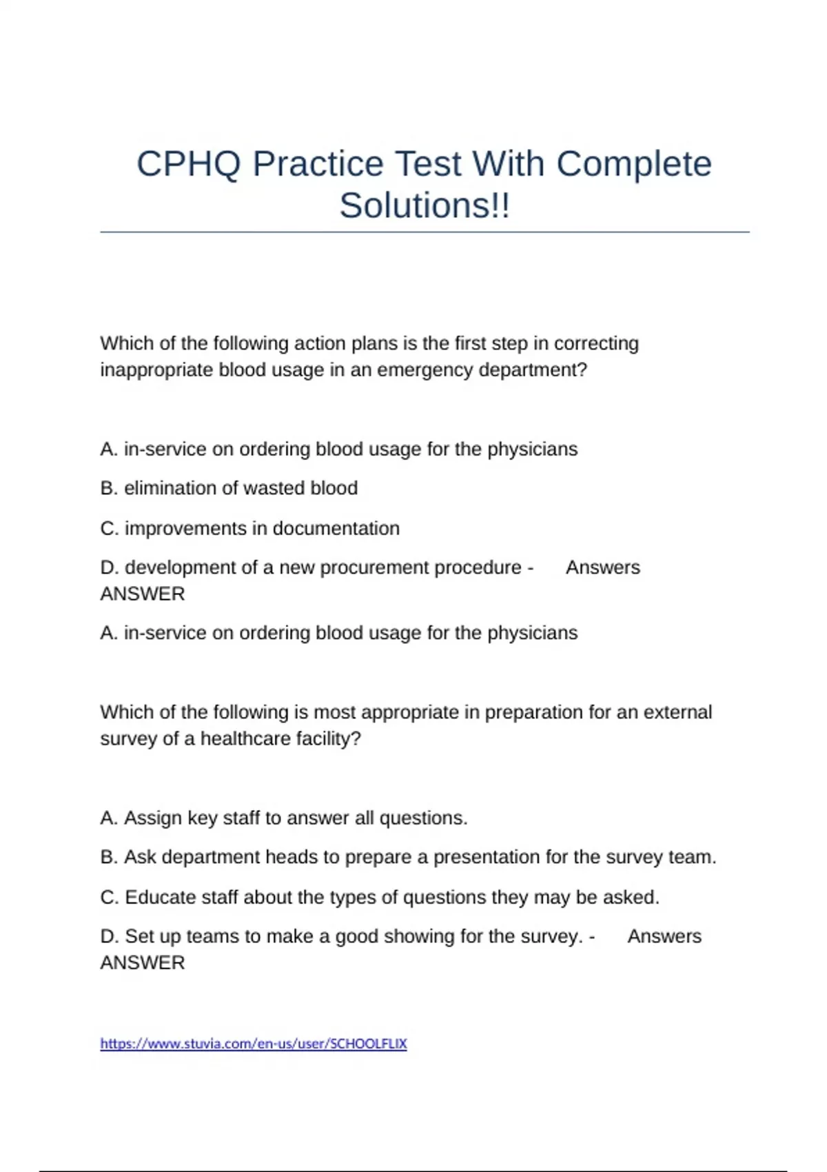 CPHQ Practice Test With Complete Solutions!! - CPHQ - Stuvia US