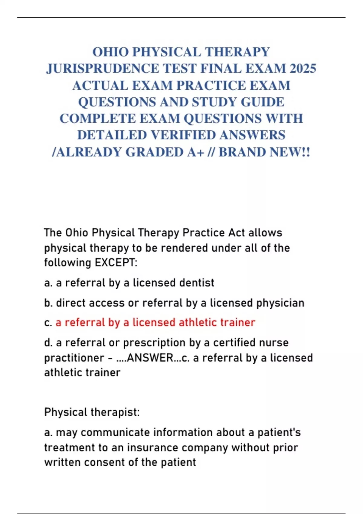OHIO PHYSICAL THERAPY JURISPRUDENCE TEST FINAL EXAM 2025 ACTUAL EXAM ...