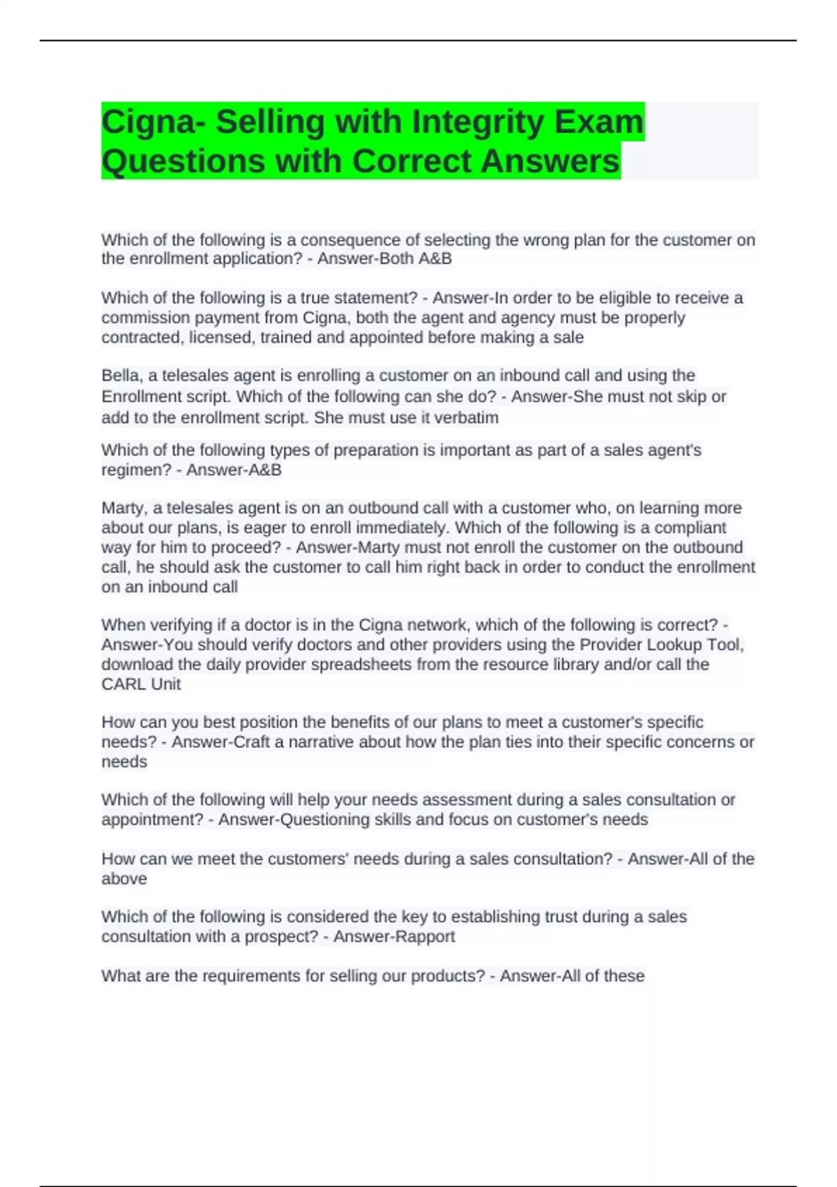 Cigna- Selling with Integrity Exam Questions with Correct Answers ...