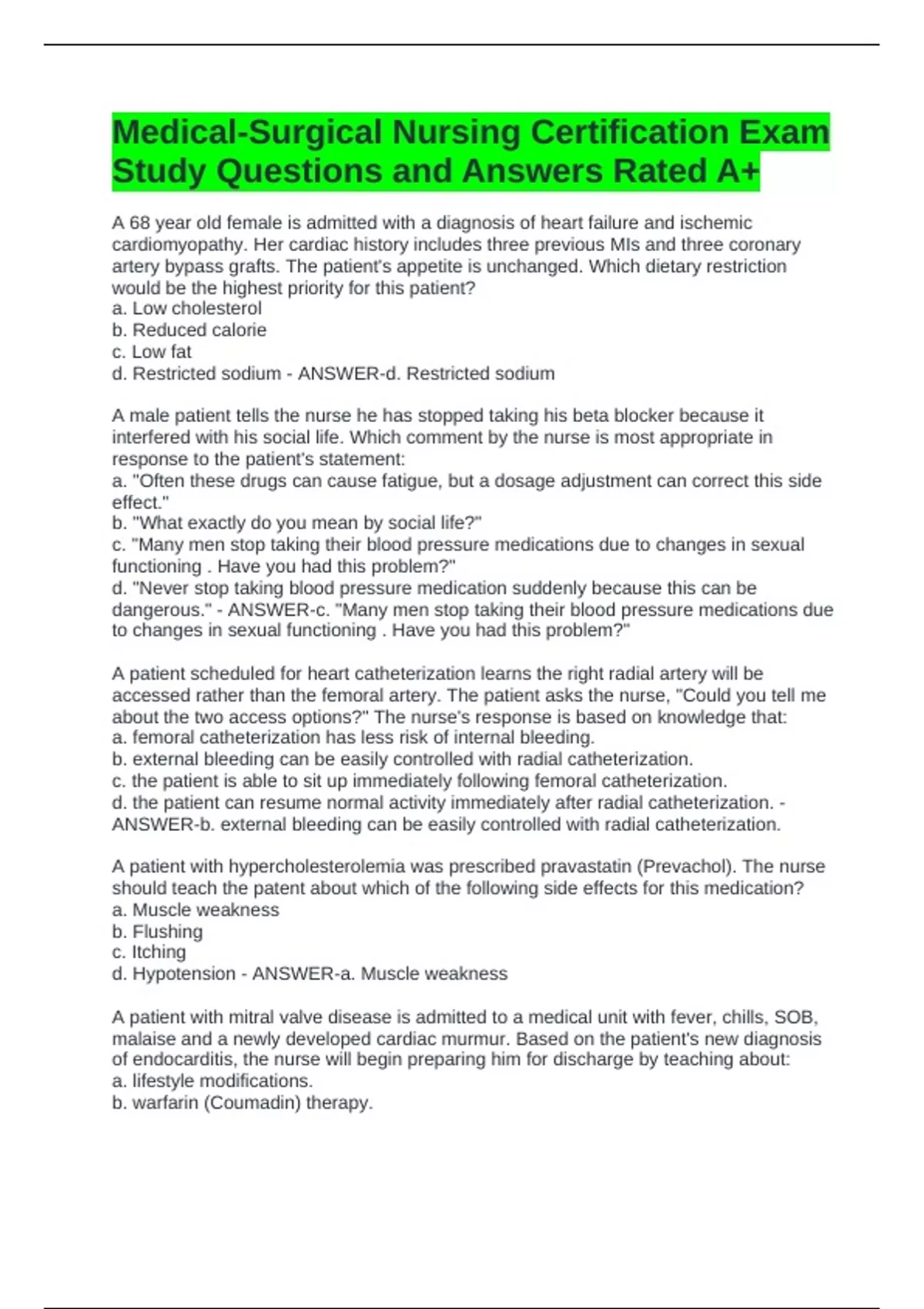 Medical-Surgical Nursing Certification Exam Study Questions and Answers ...