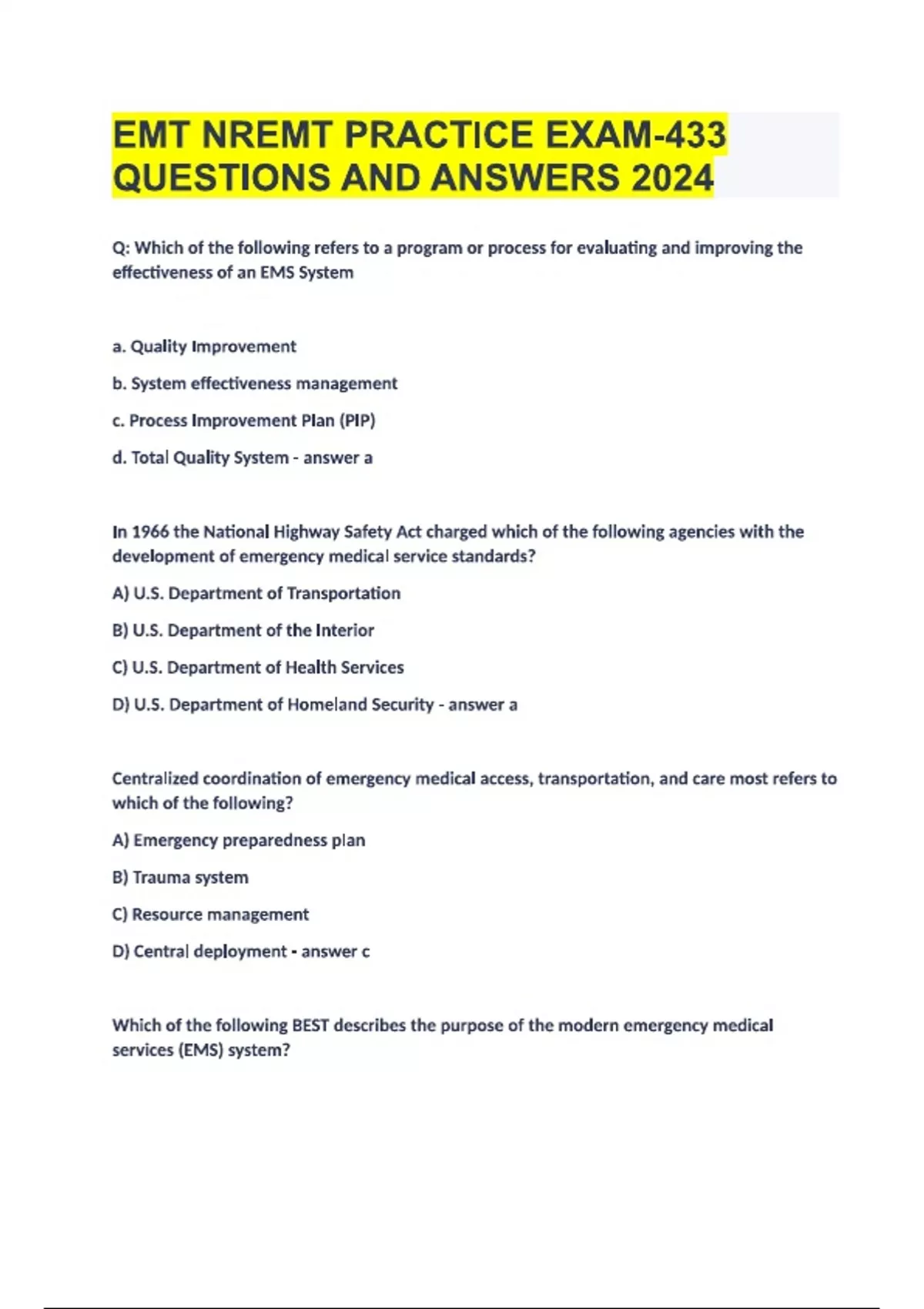 EMT NREMT Practice EXAM-433 Questions and Answers 2024 - NREMT ...