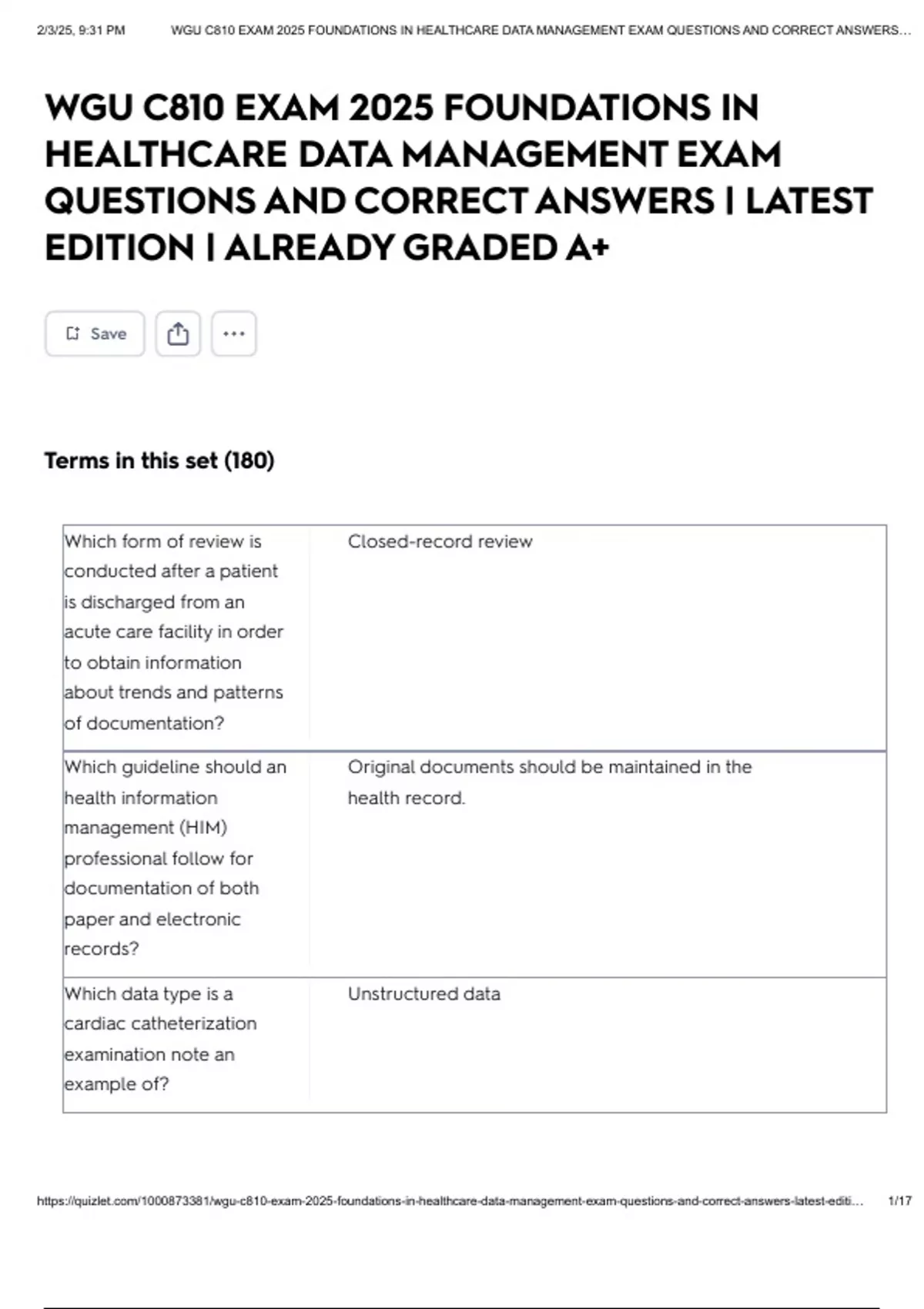 WGU C810 EXAM 2025 FOUNDATIONS IN HEALTHCARE DATA MANAGEMENT EXAM QUESTIONS AND CORRECT ANSWERS ...