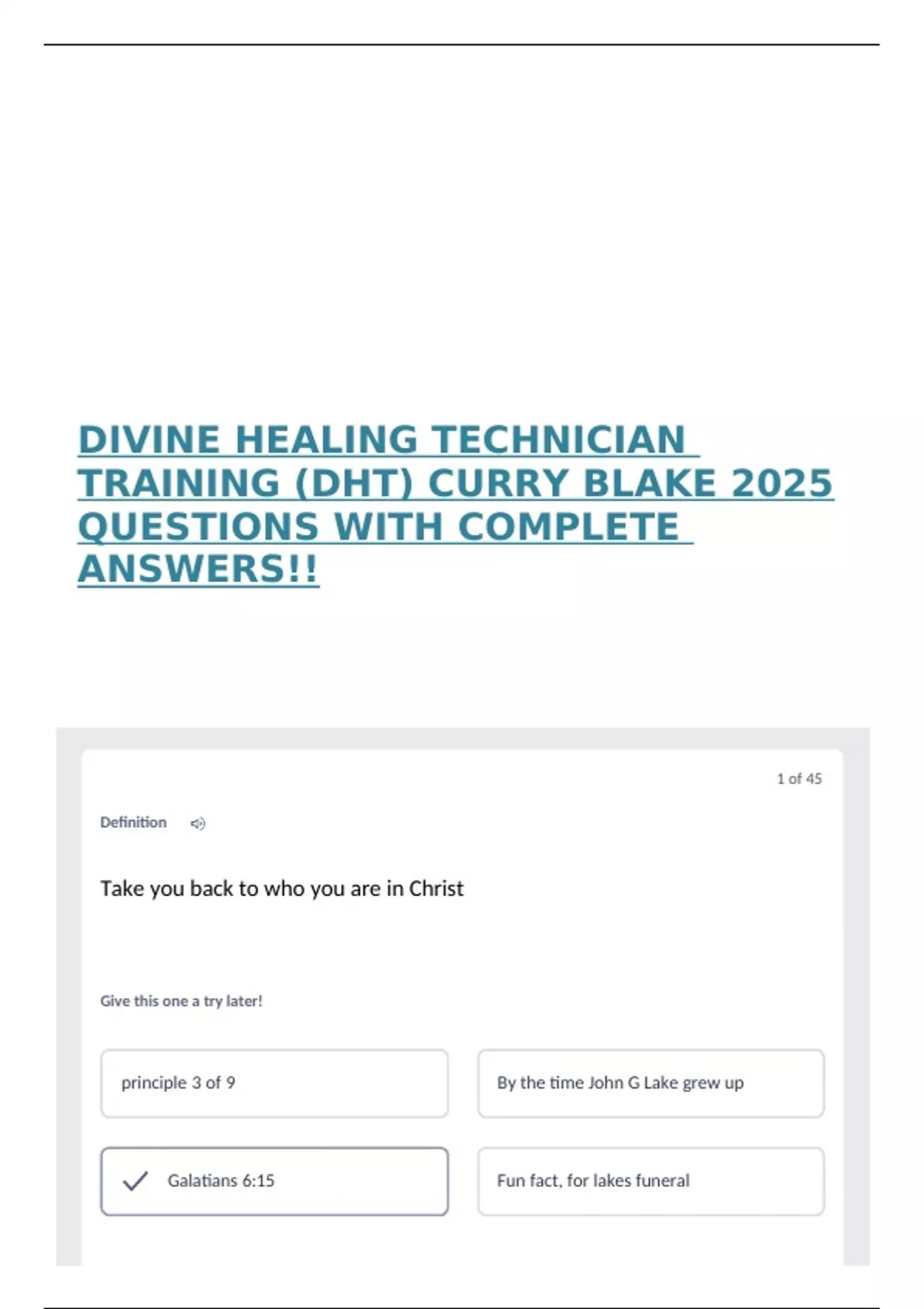 DIVINE HEALING TECHNICIAN TRAINING (DHT) CURRY BLAKE 2025 QUESTIONS WITH COMPLETE ANSWERS ...
