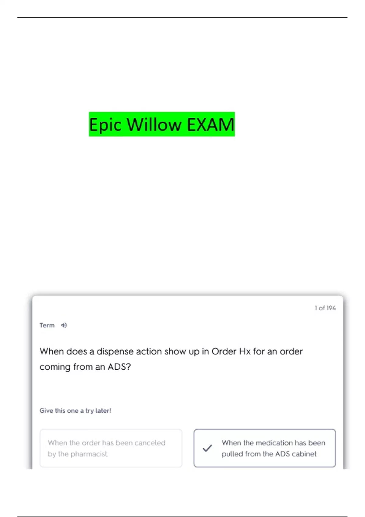 RX 100 EPIC WILLOW INPATIENT FUNDAMENTALS QUESTIONS WITH COMPLETE ...
