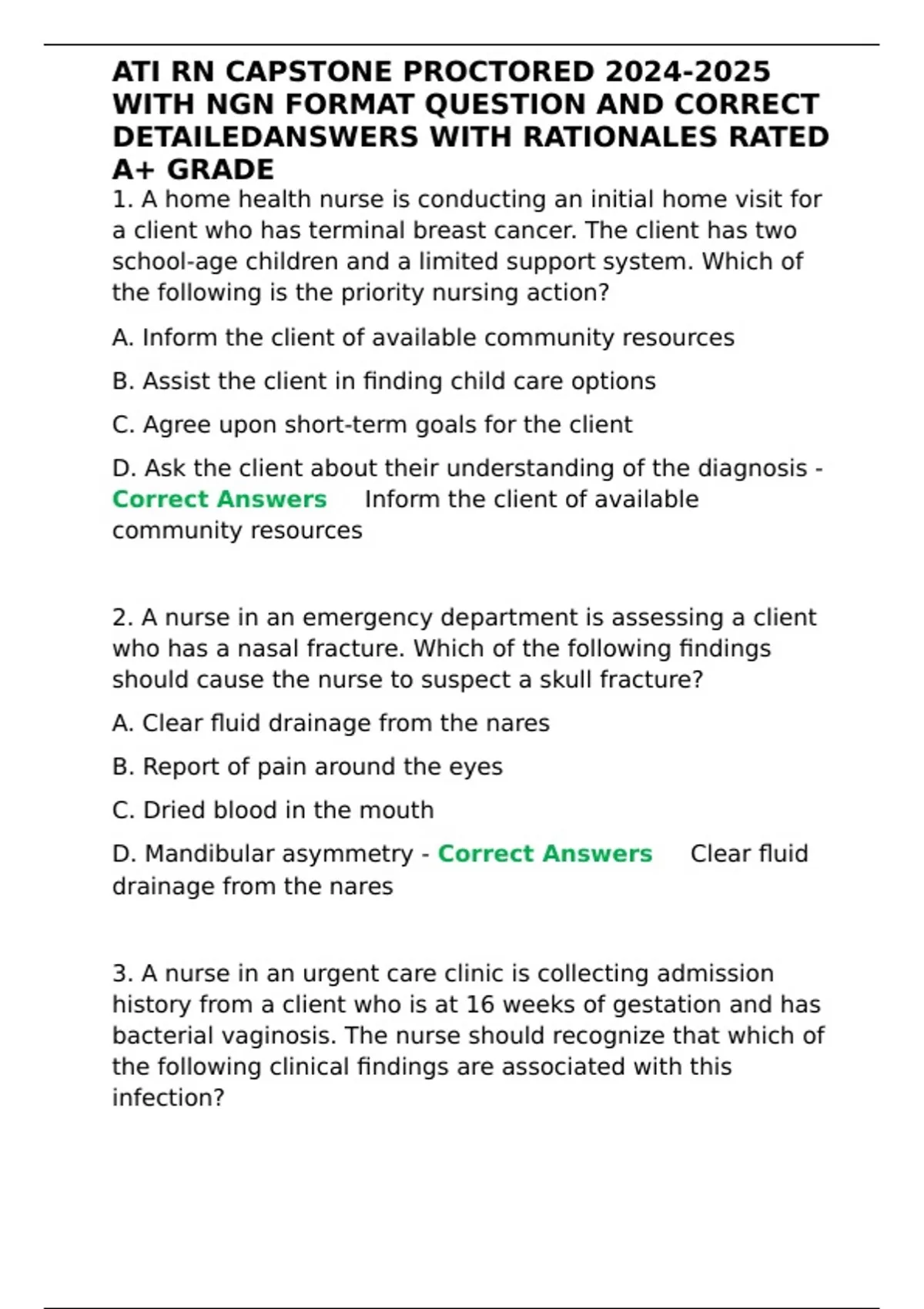 Summary ATI RN CAPSTONE PROCTORED WITH NGN FORMAT QUESTION AND CORRECT ...