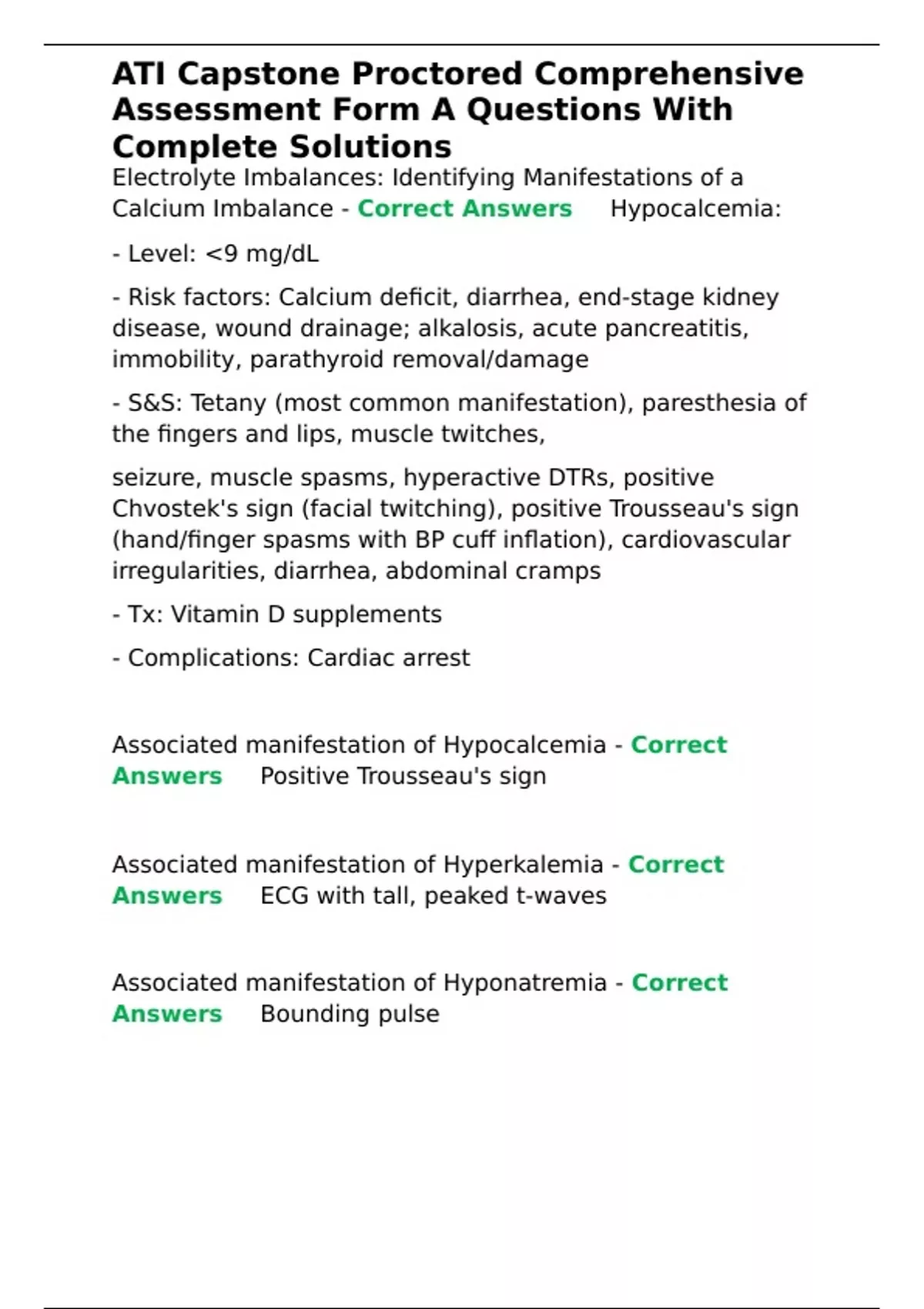 Summary ATI Capstone Proctored Comprehensive Assessment Form A ...