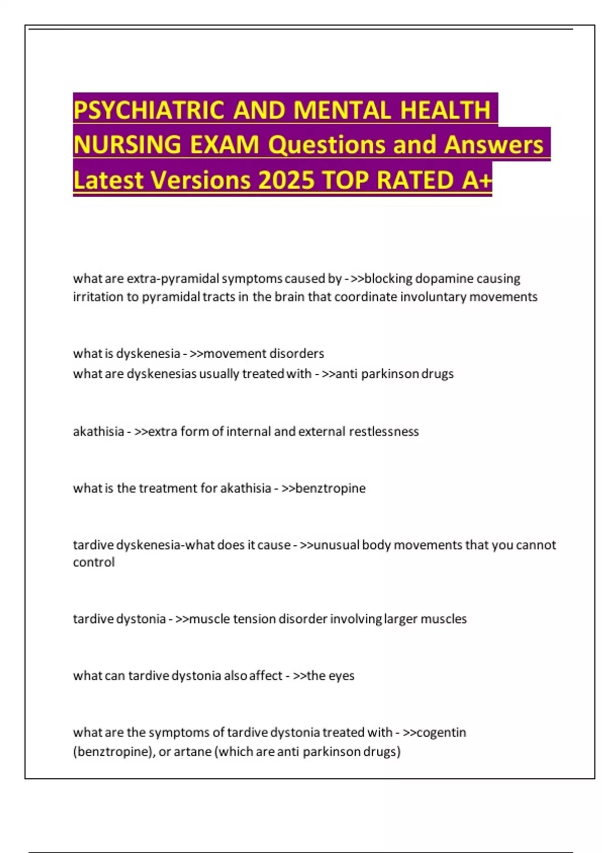 PSYCHIATRIC AND MENTAL HEALTH NURSING EXAM Questions and Answers Latest ...
