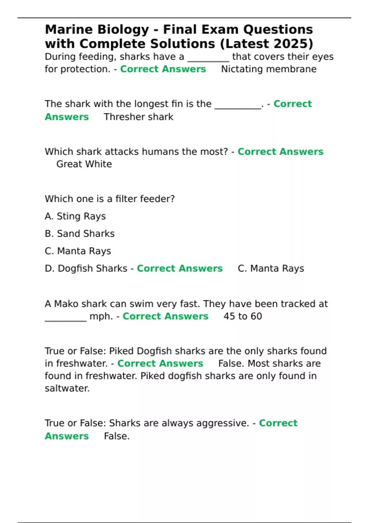 Marine Biology - Final Exam Questions with Complete Solutions (Latest ...