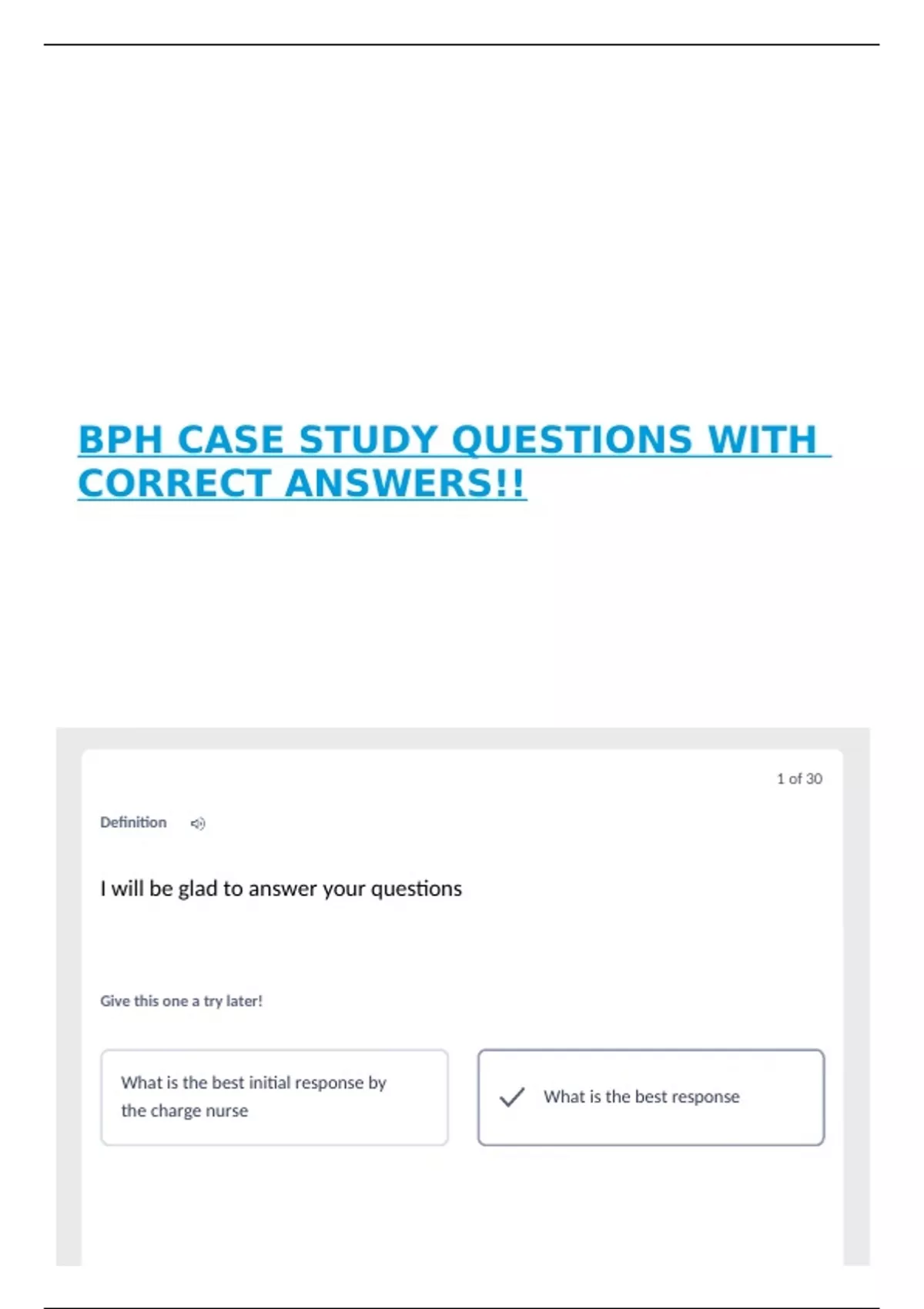 BPH CASE STUDY QUESTIONS WITH CORRECT ANSWERS!! - BPH - Stuvia US