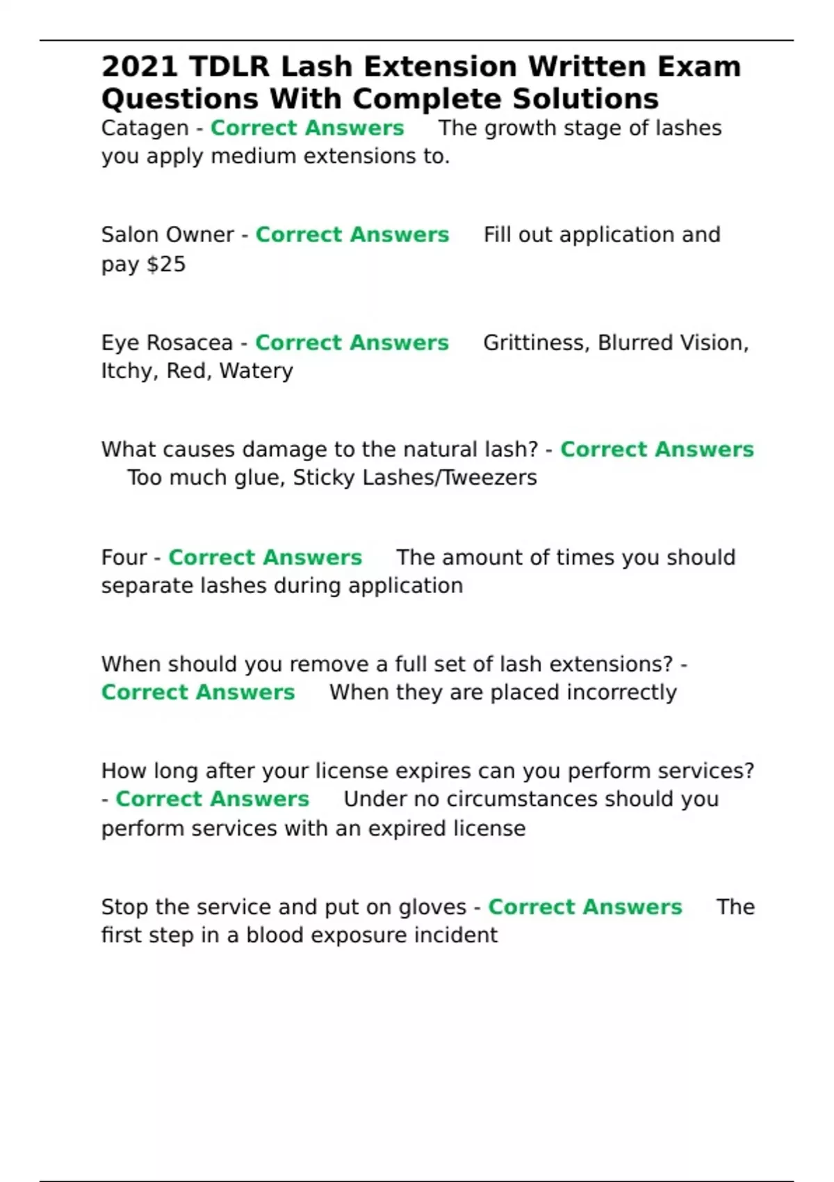 2021 TDLR Lash Extension Written Exam Questions With Complete Solutions ...