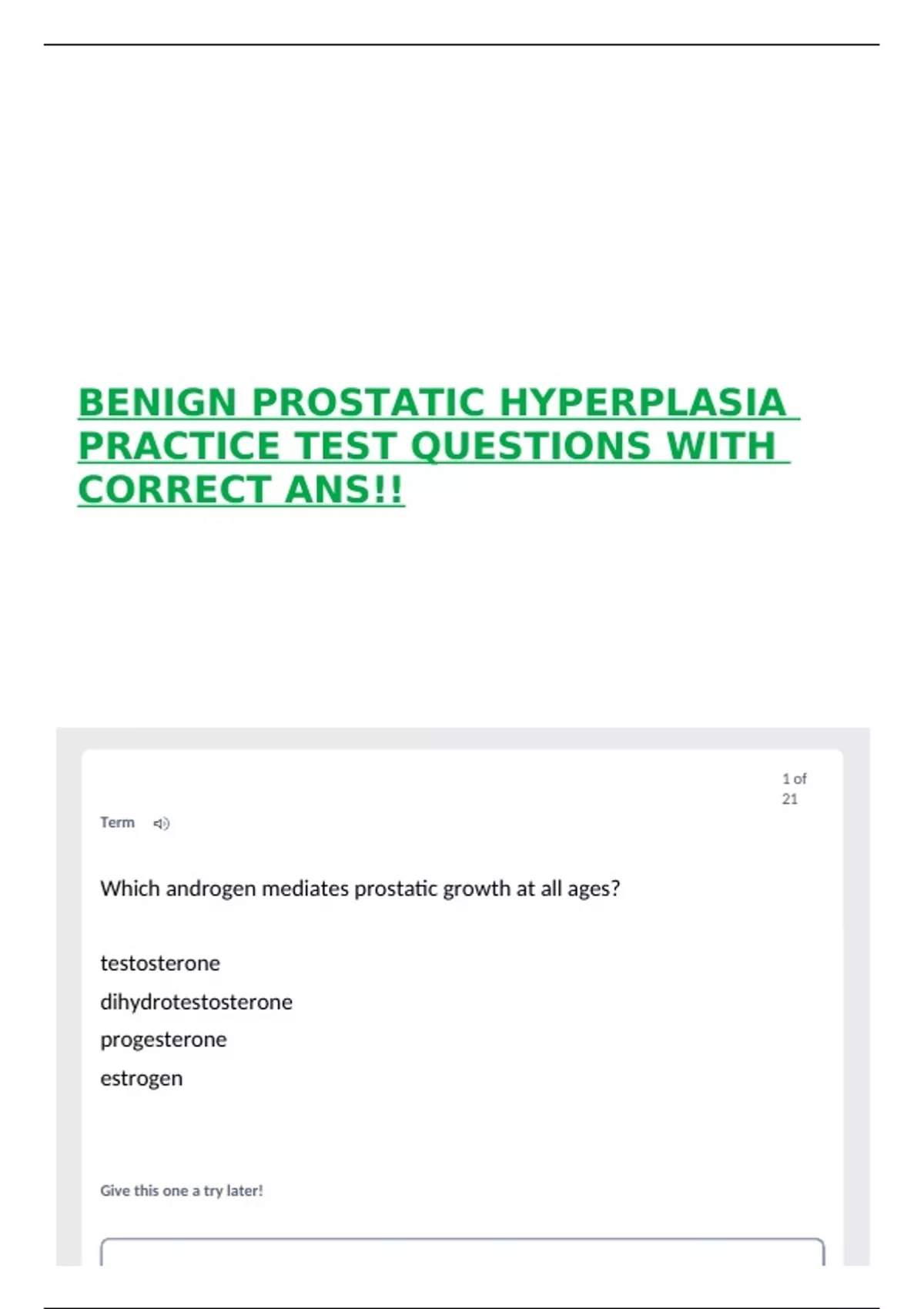 BENIGN PROSTATIC HYPERPLASIA PRACTICE TEST QUESTIONS WITH CORRECT ANS ...
