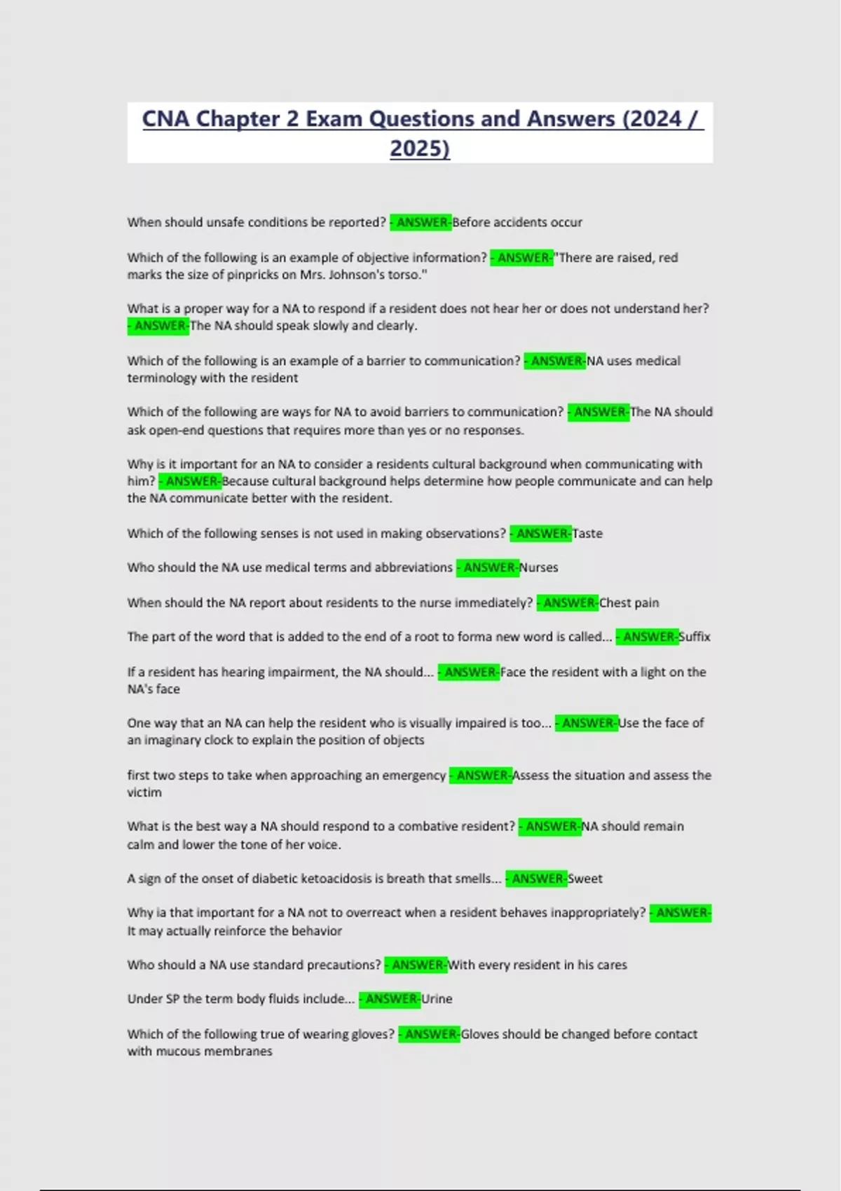 CNA Chapter 2 Exam Questions and Answers (2024 / 2025) - CNA - Certified Nursing Assistant ...