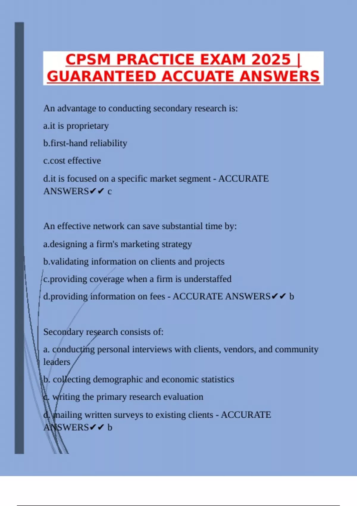 CPSM PRACTICE EXAM 2025 |GUARANTEED ACCUATE ANSWERS - CPSM - Stuvia US