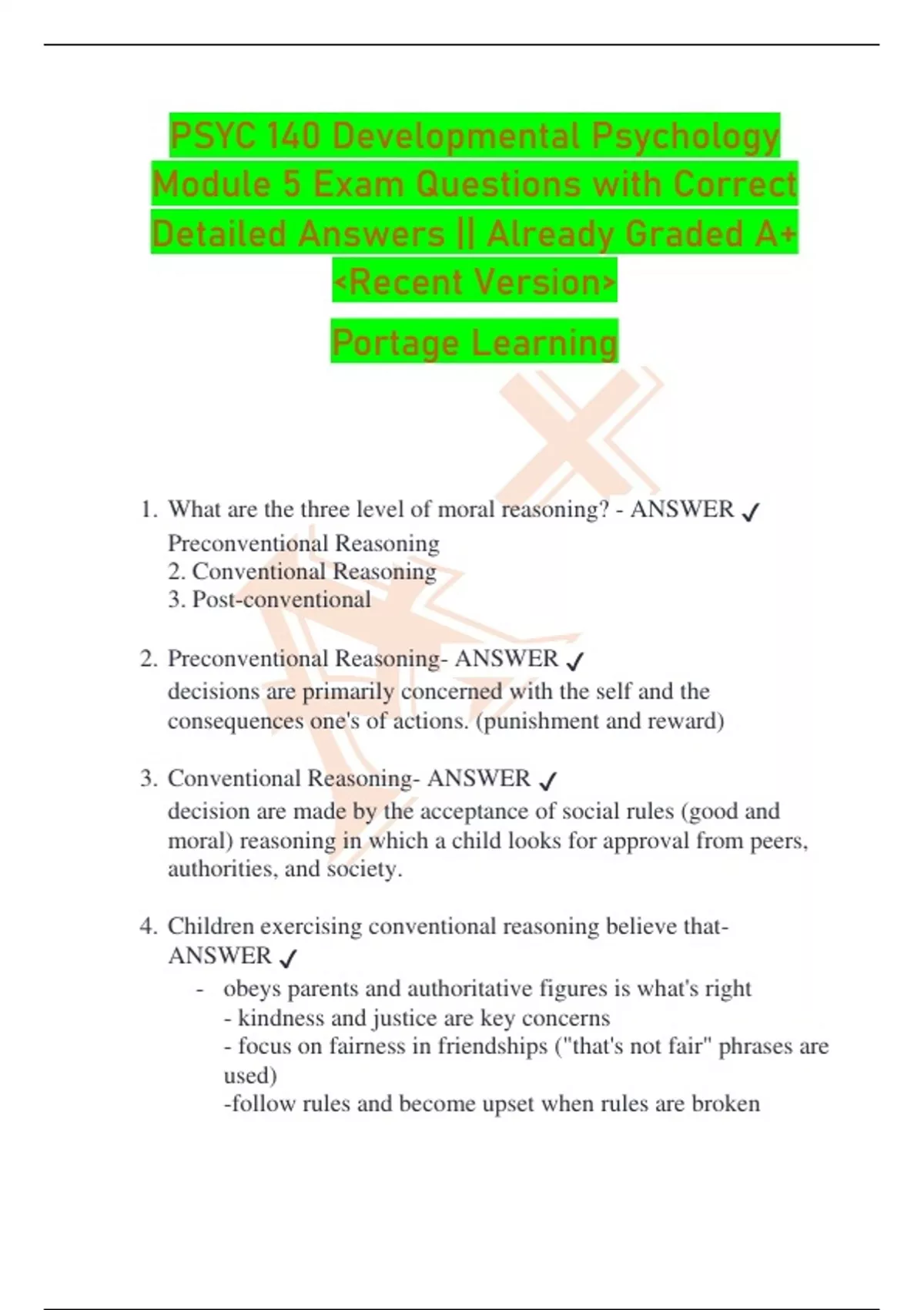 PSYC 140 Developmental Psychology Module 5 Exam Questions with Correct Detailed Answers ...