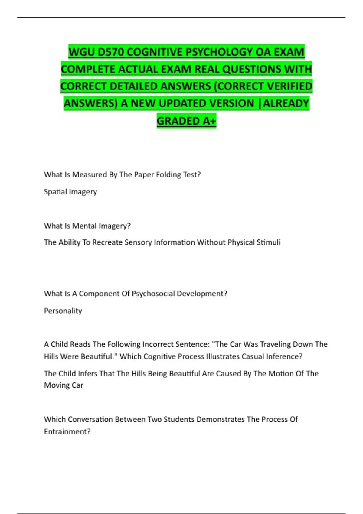 WGU D570 COGNITIVE PSYCHOLOGY OA EXAM COMPLETE ACTUAL EXAM REAL QUESTIONS WITH CORRECT DETAILED ...