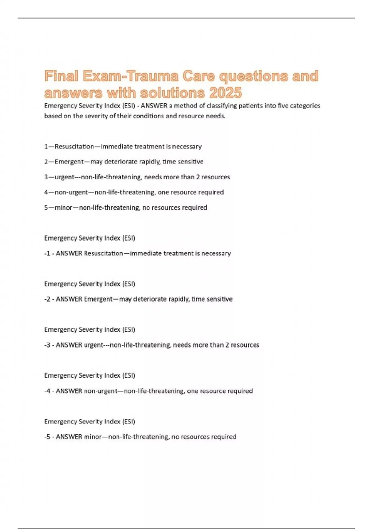 Final Exam-Trauma Care questions and answers with solutions 2025 - TCAR ...
