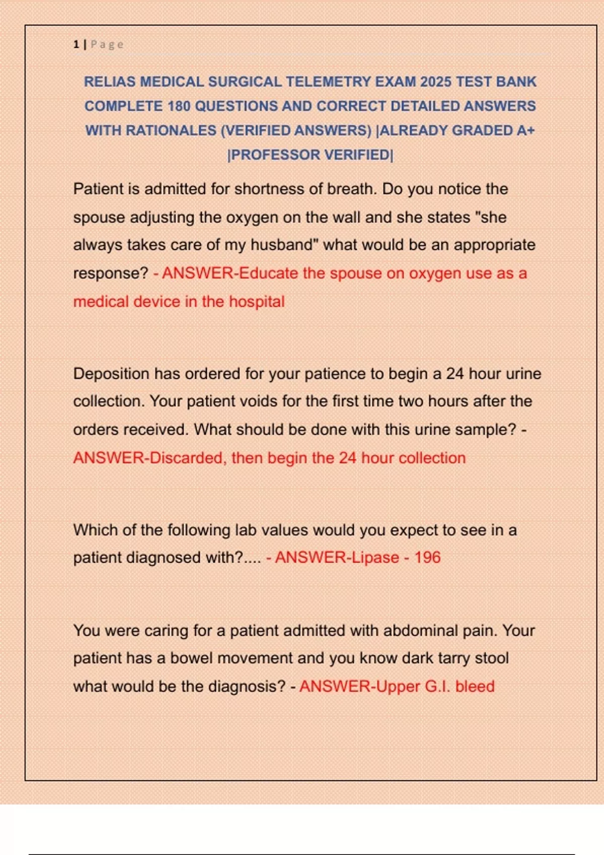 RELIAS MEDICAL SURGICAL TELEMETRY EXAM 2025 TEST BANK COMPLETE 180 ...